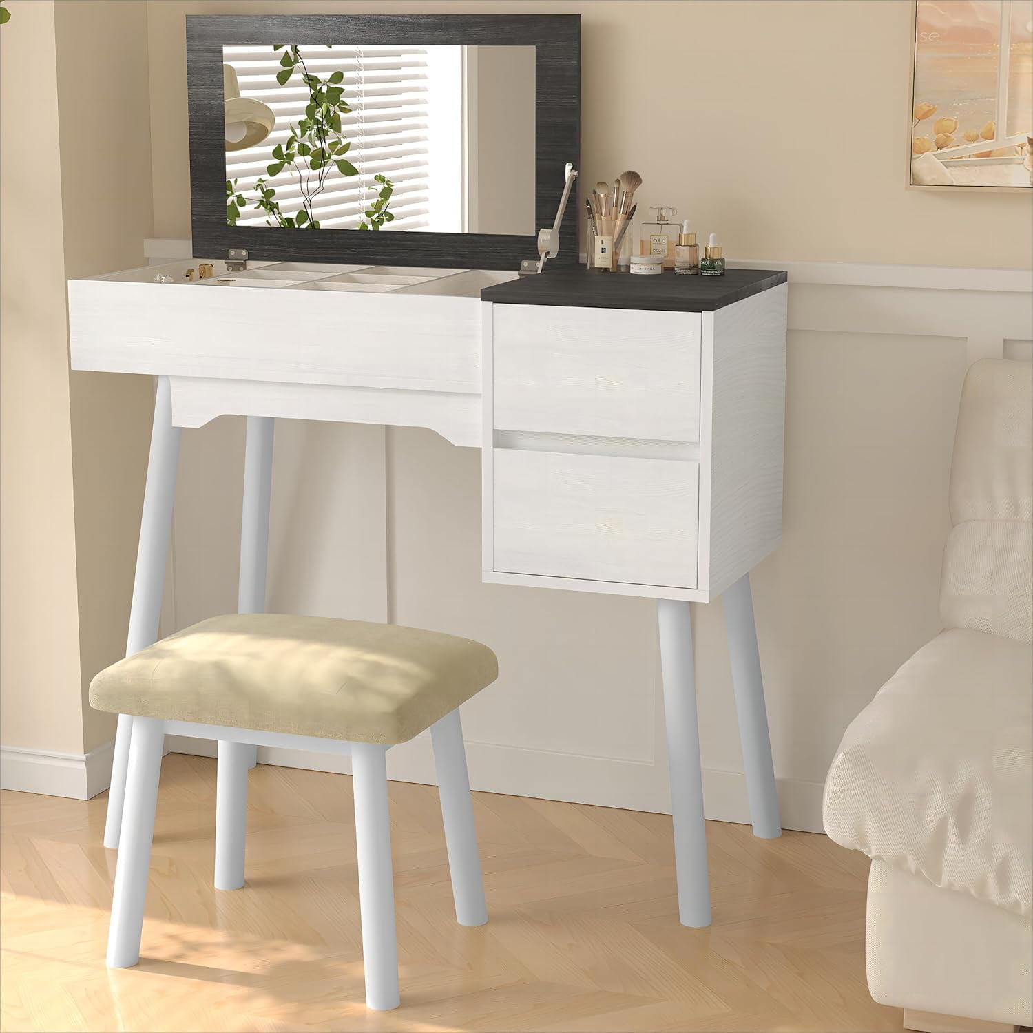 Usinso Vanity Desk Table with Flip Top Mirror and Cushioned Stool ...