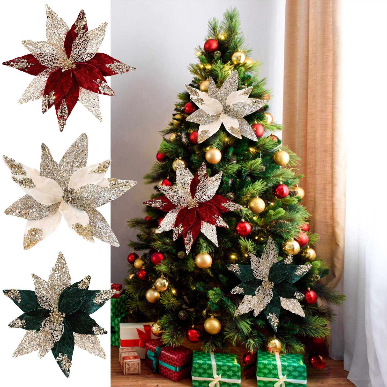 Usloyux Christmas Flower Tree Decor, Glittered Artificial Floral ...