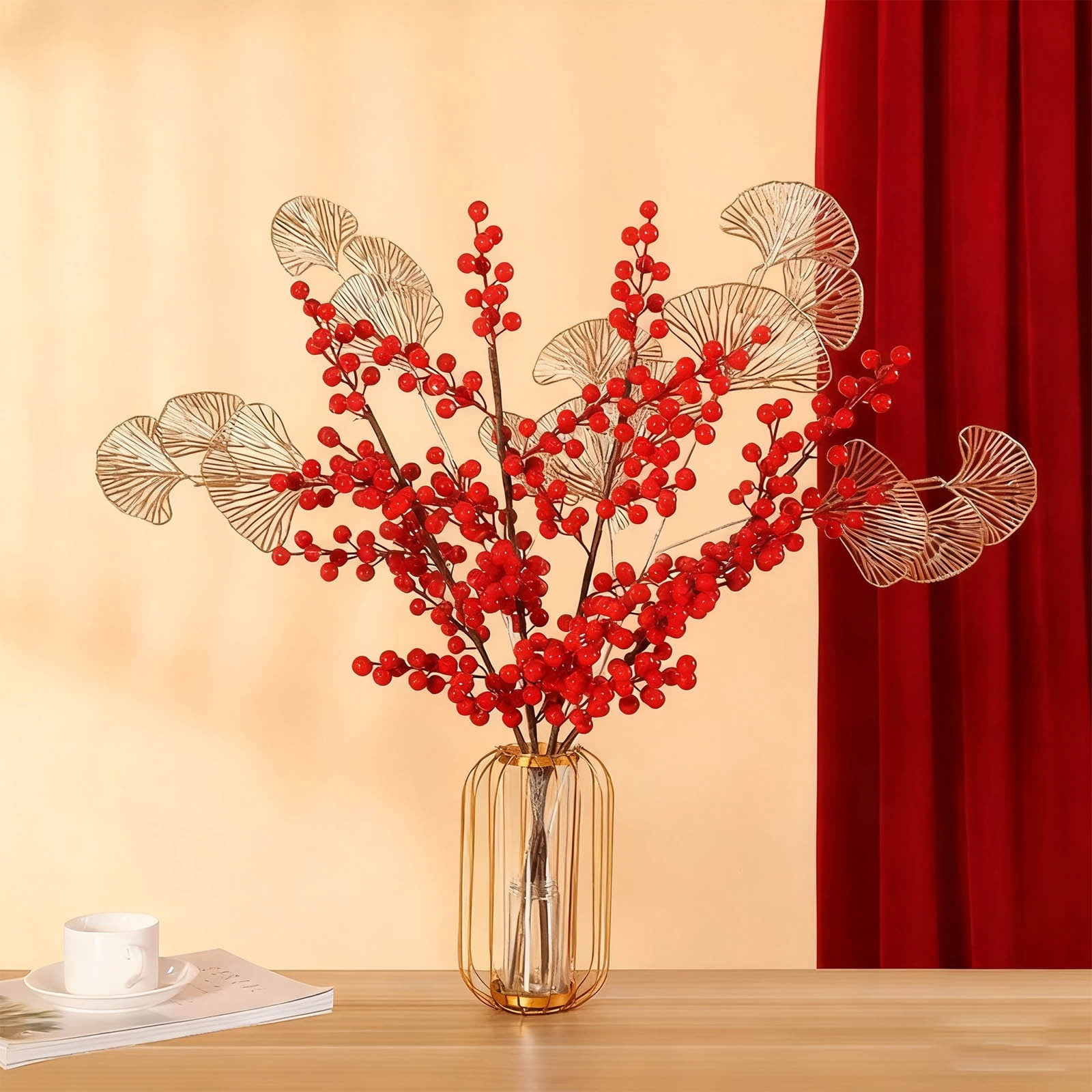 Usloyux Under $5 Artificial Red Berry Stems, 5-Prong Faux Fruit ...