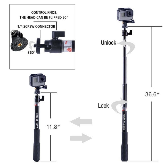 Usmallbee GoPro Compatible Selfie Stick, Extendable 11.8-36.2 inch with ...