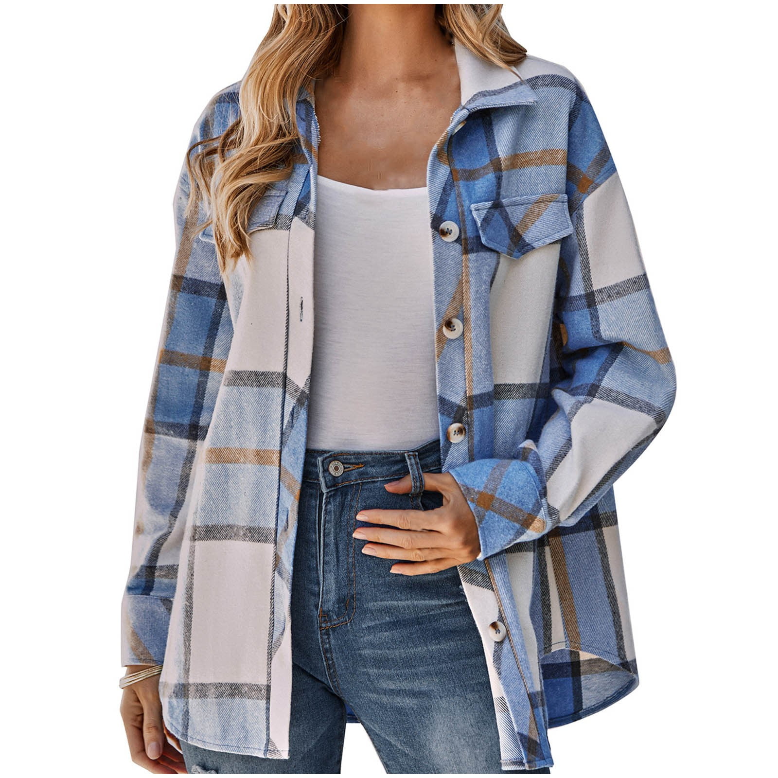 Usmixi 2023 Plaid Jacket for Women Flannel Coat for Women Button Down ...