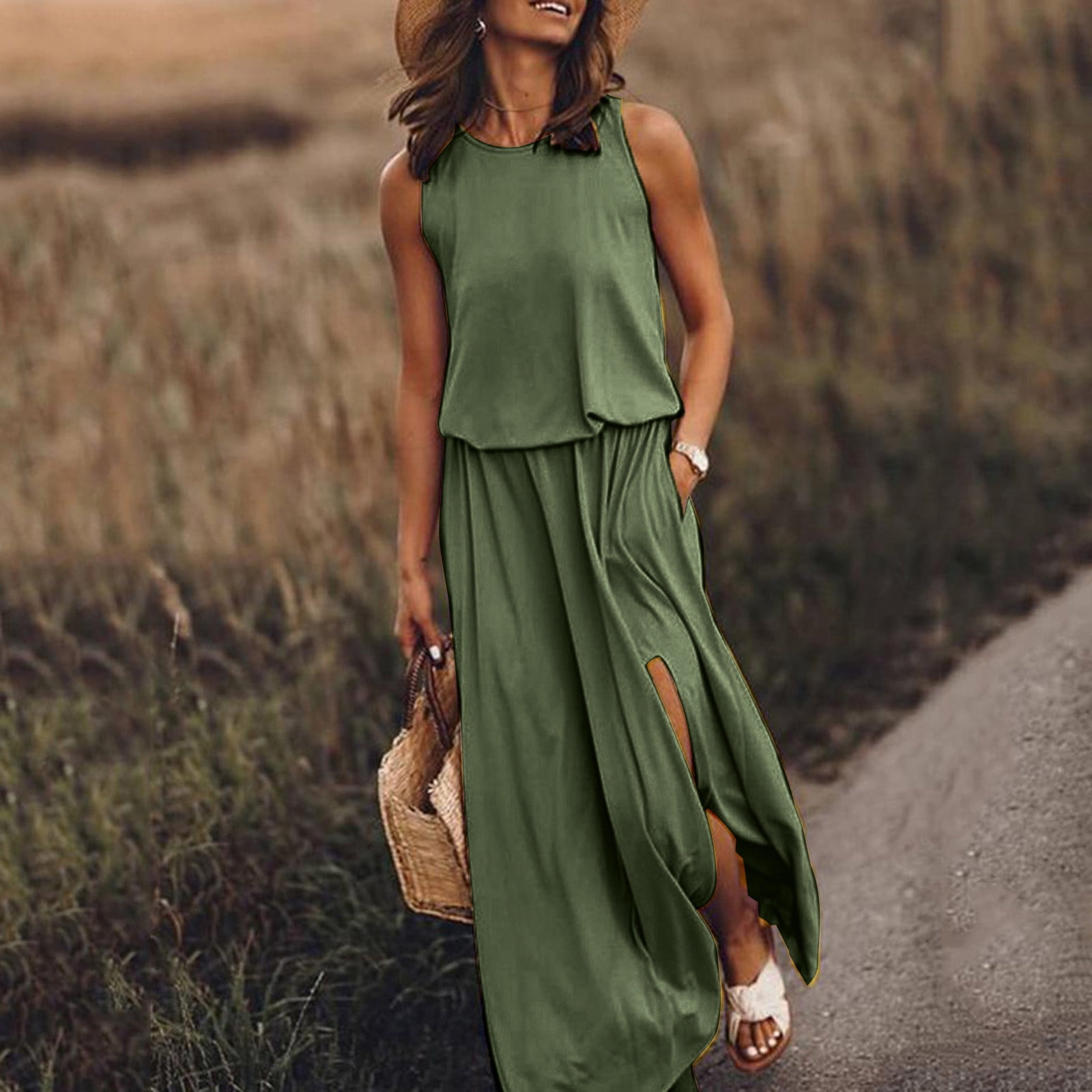 Usmixi Dresses For Women 2023 Elastic Waist Plus Size Slit Pocket Tank