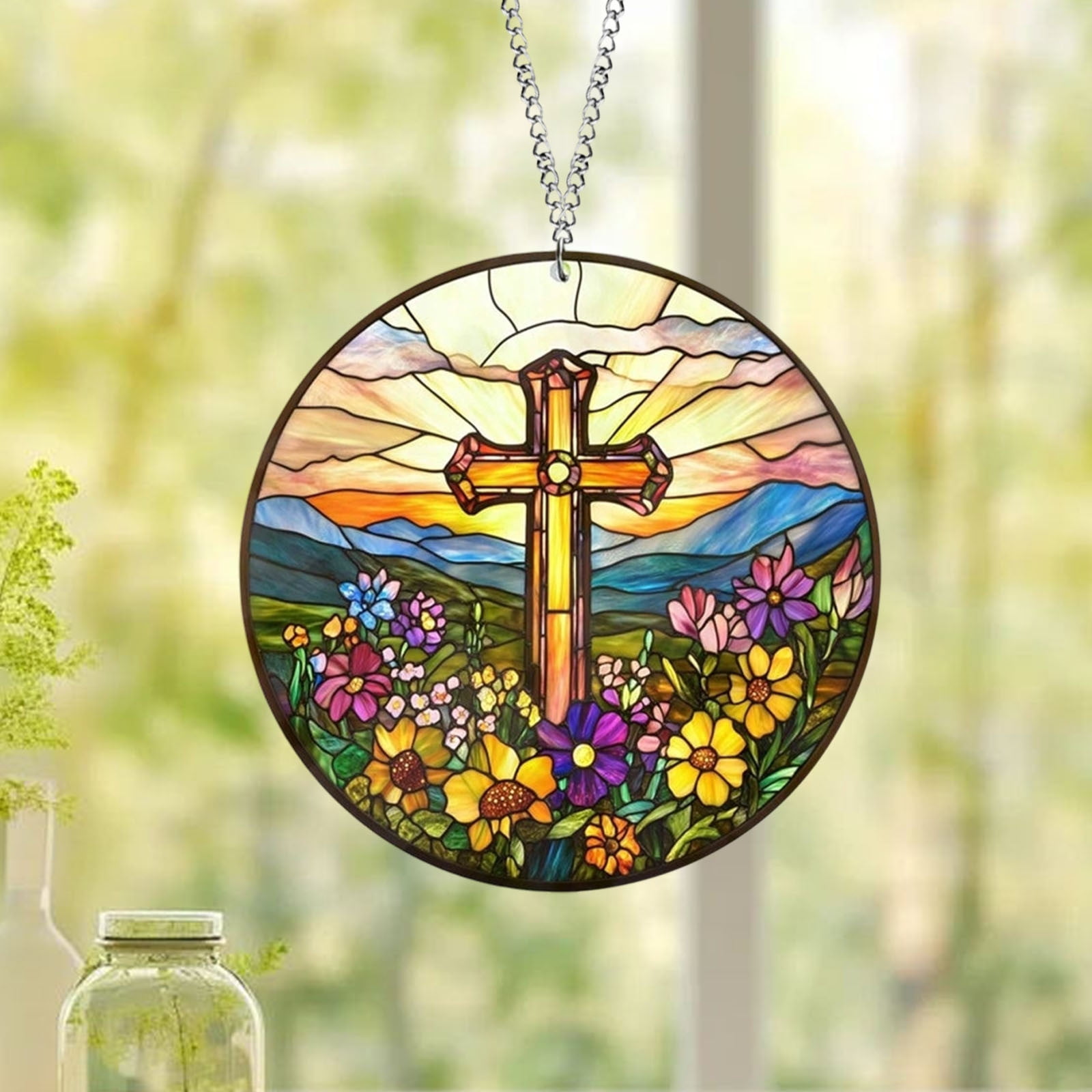 Usmixi Flower Suncatcher Faux Stained Glass Window Hanging Christ Wall ...