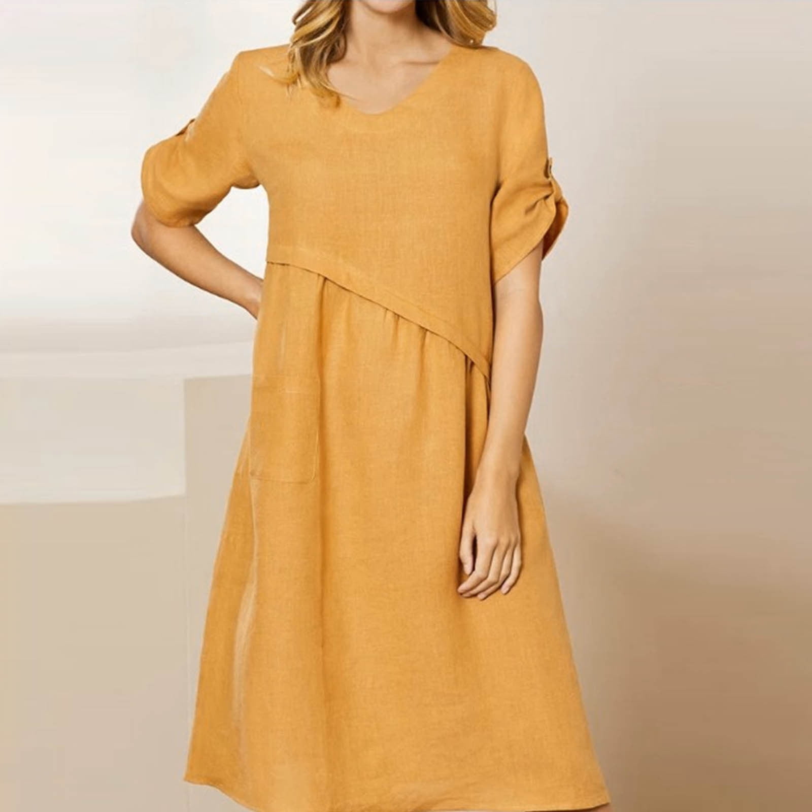 Usmixi Formal Dresses for Women Casual Loose Smocked Hem Cotton Linen ...