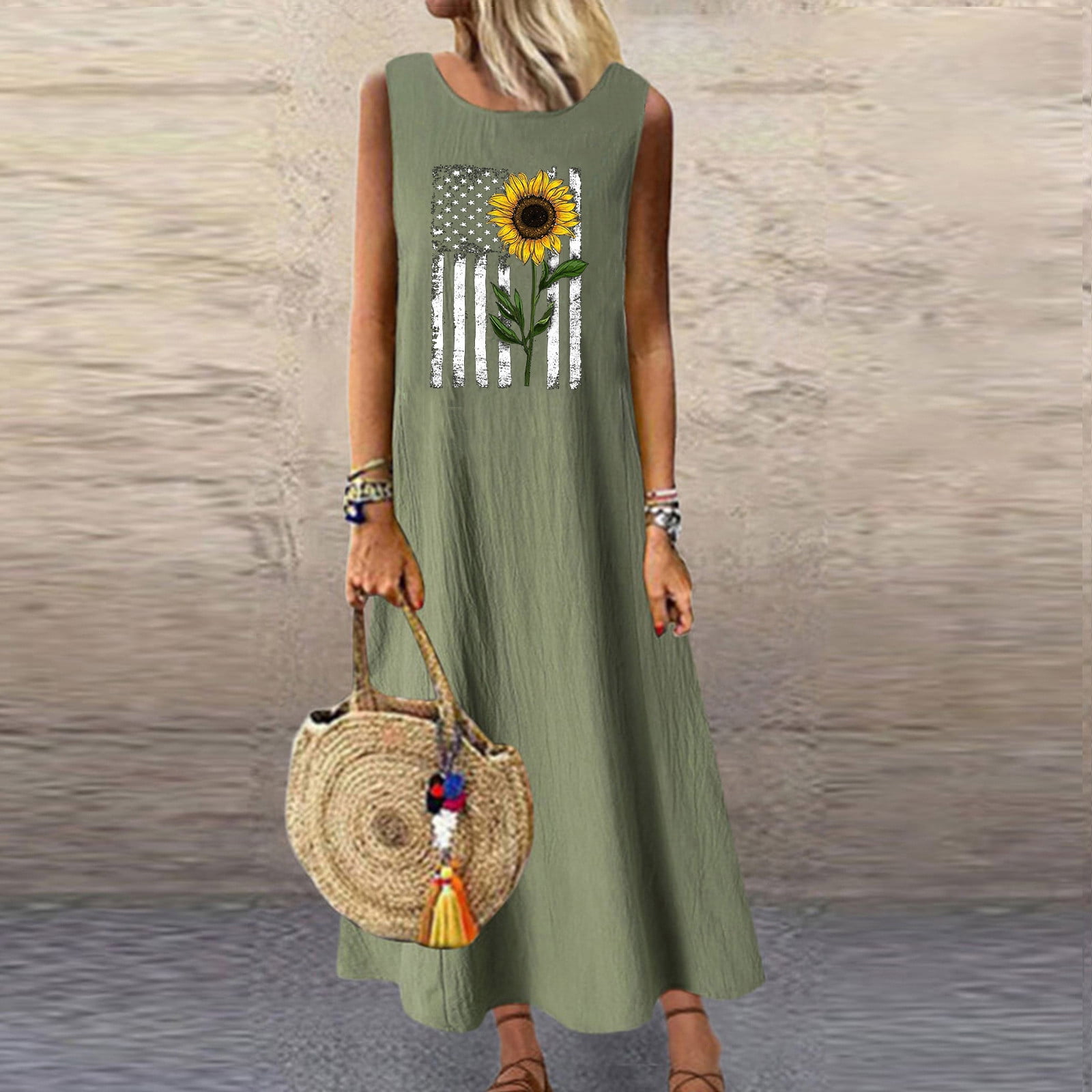 Usmixi Formal Dresses for Women Sleeveless Crewneck Sunflower Print ...