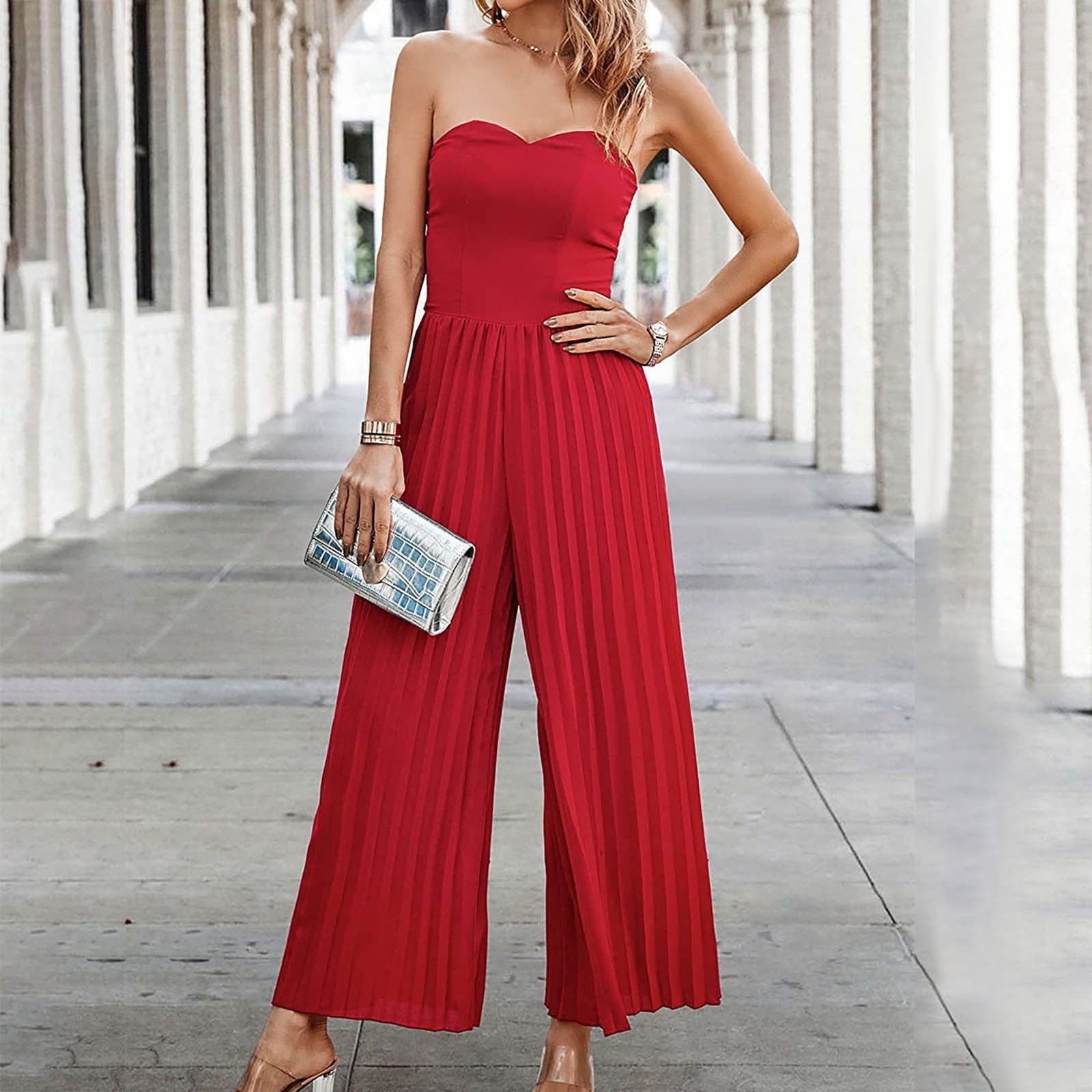 Usmixi Jumpsuits For Women Dressy Evening Party Sexy Strapless Pleated