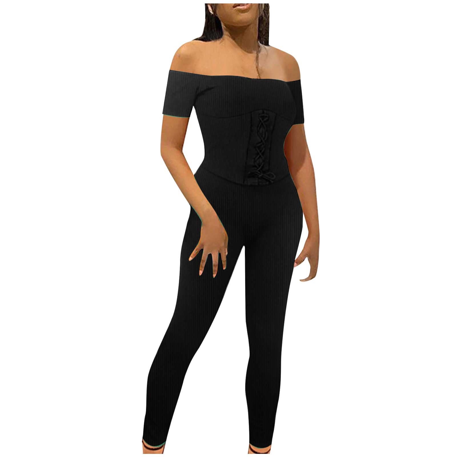 Usmixi Jumpsuits for Women Soft Knitted Ribbed Fashion off Shoulder ...