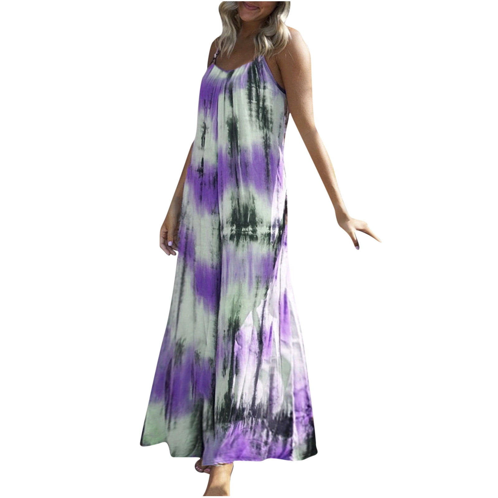 Usmixi Maxi Dresses for Women Sleeveless V-Neck Tie-Dye Summer Long ...