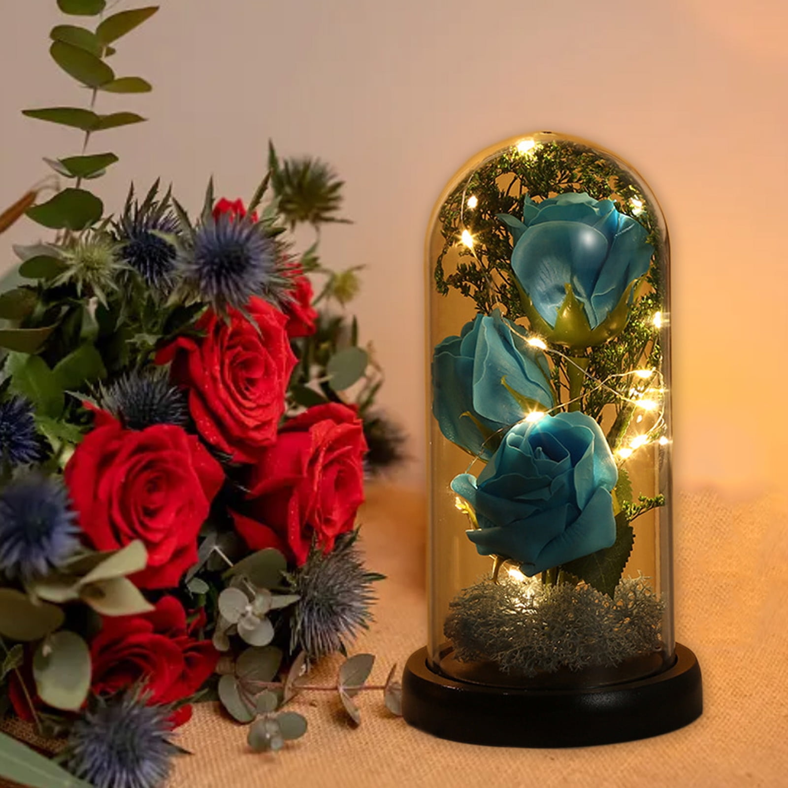 Usmixi Plastic Rose with LED Light Plastic Top Wooden Base for ...