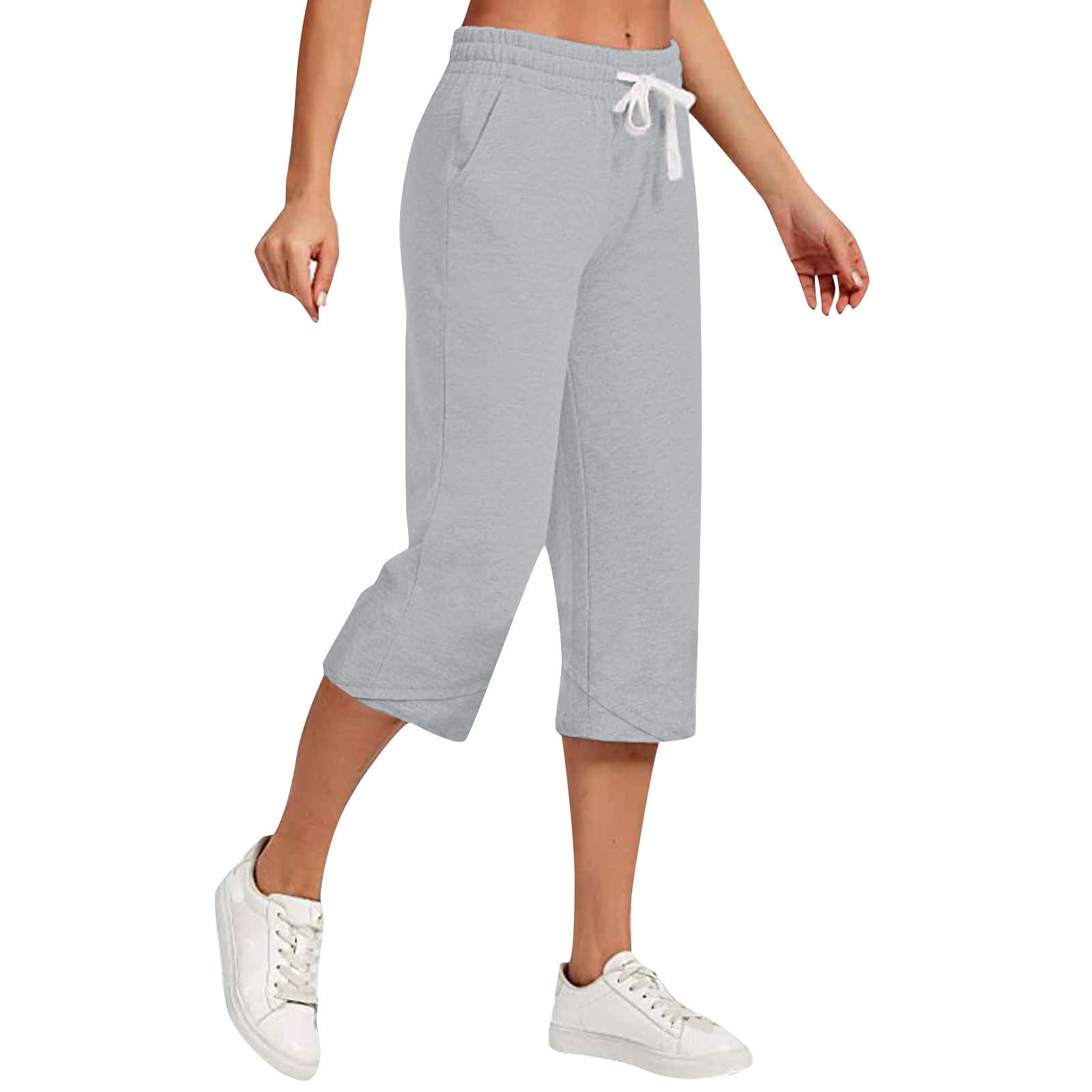 Usmixi Womens Capris Summer Casual Cotton Linen Drawstring High Waist
