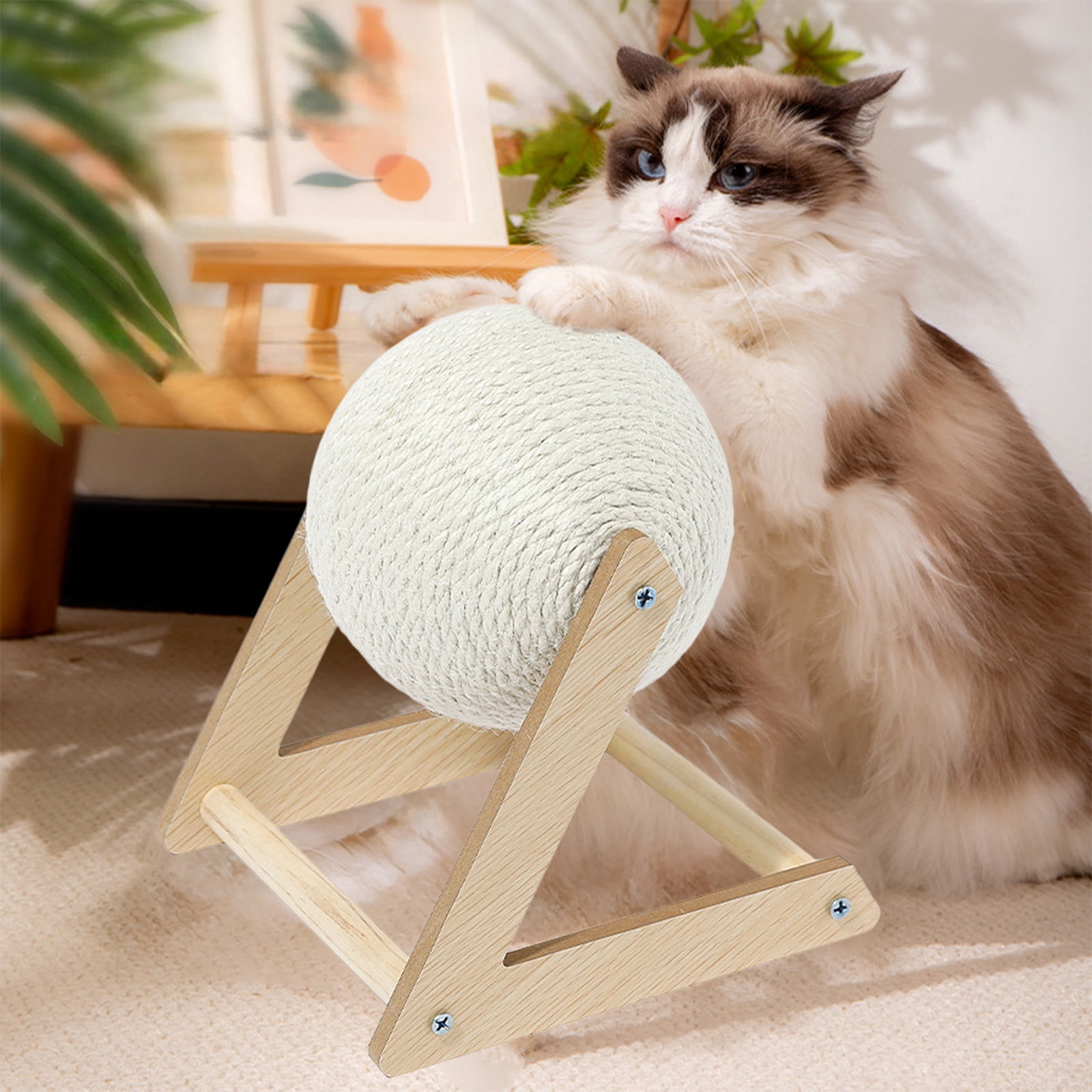 Usmixi Sisal Cat Scratching Ball - Rotating Toy with Wooden Base for ...
