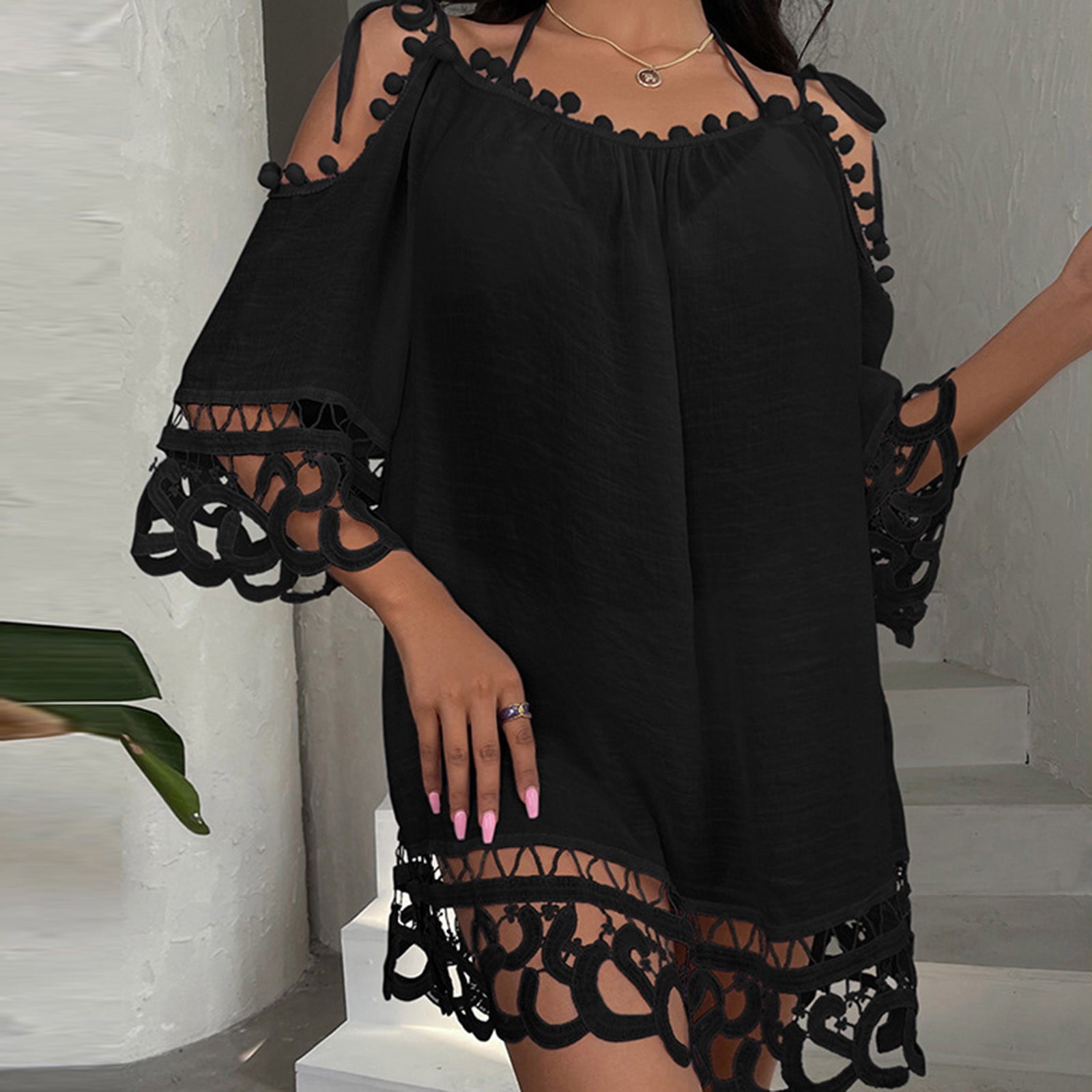 Usmixi Summer Dresses For Women Sexy Lace Trim Cold Shoulder Beach