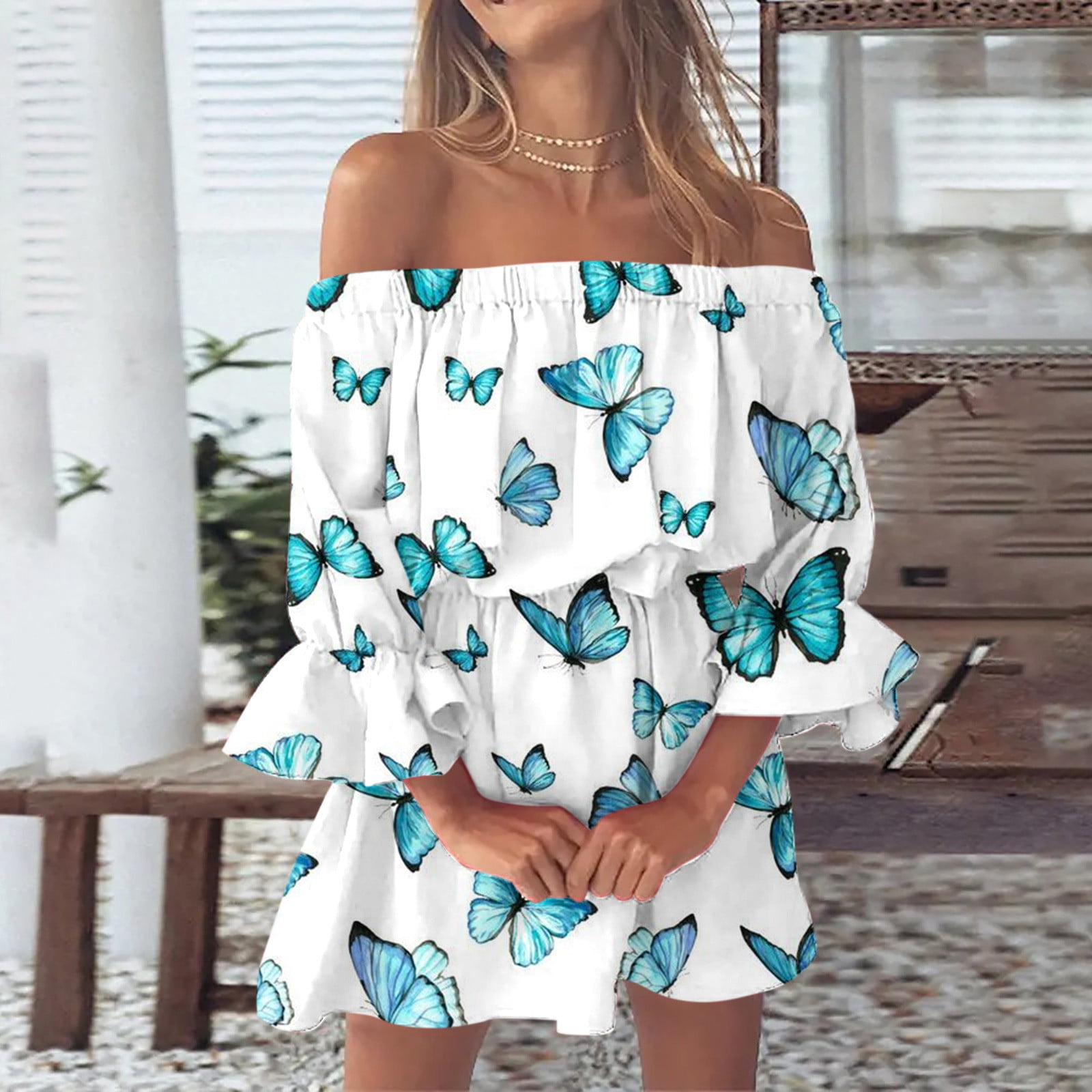 Usmixi Sundresses for Women Elbow-Length One Line Neck Butterfly Print ...