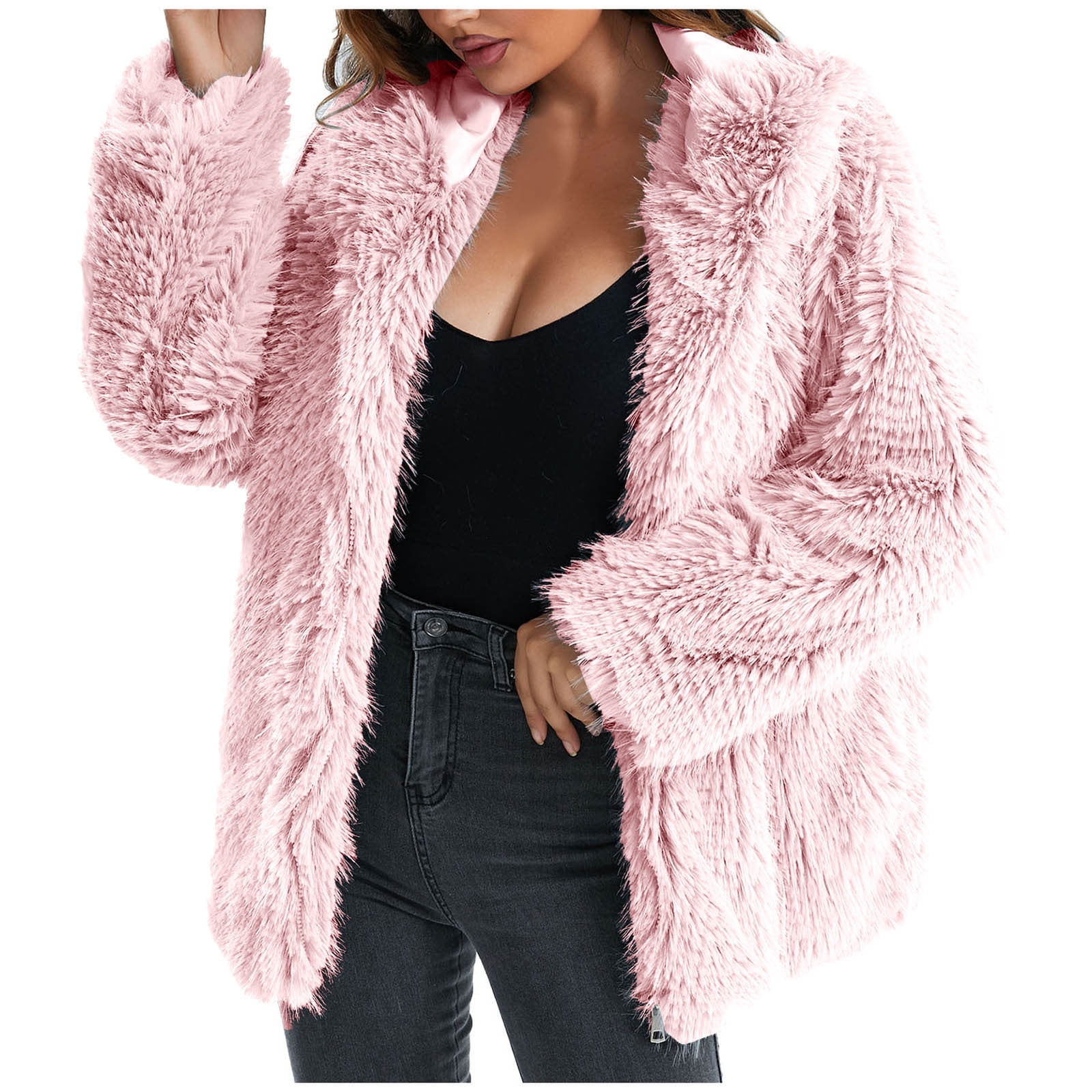 Usmixi Winter Faux Fur Jacket for Women Plush Coat for Women Long Sleeve Soft Fluffy Fleece ...