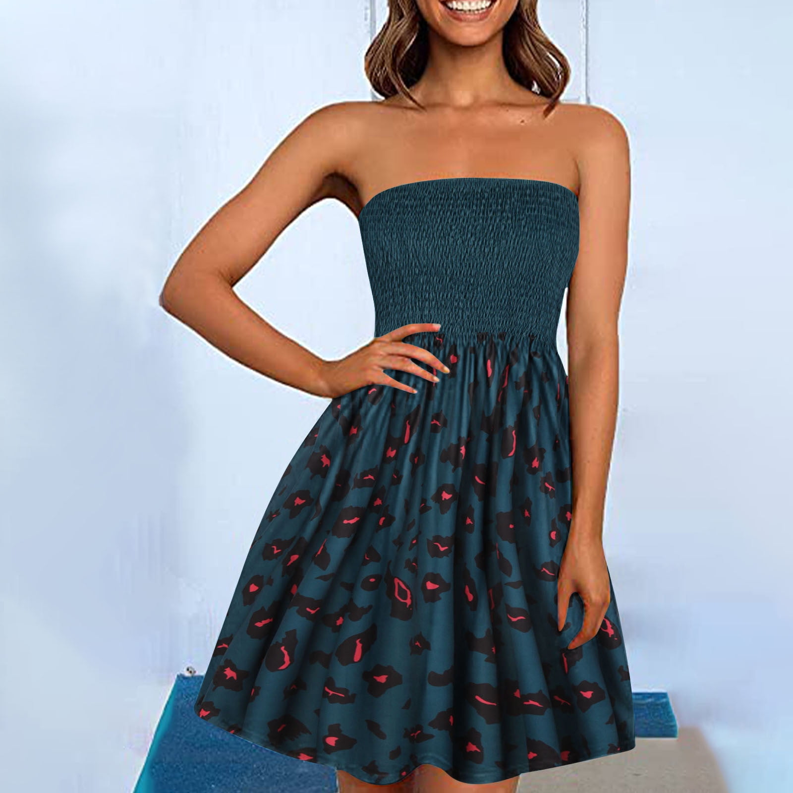 Usmixi Women Flowy Pleated Dress Summer Beach Boho Floral Print ...