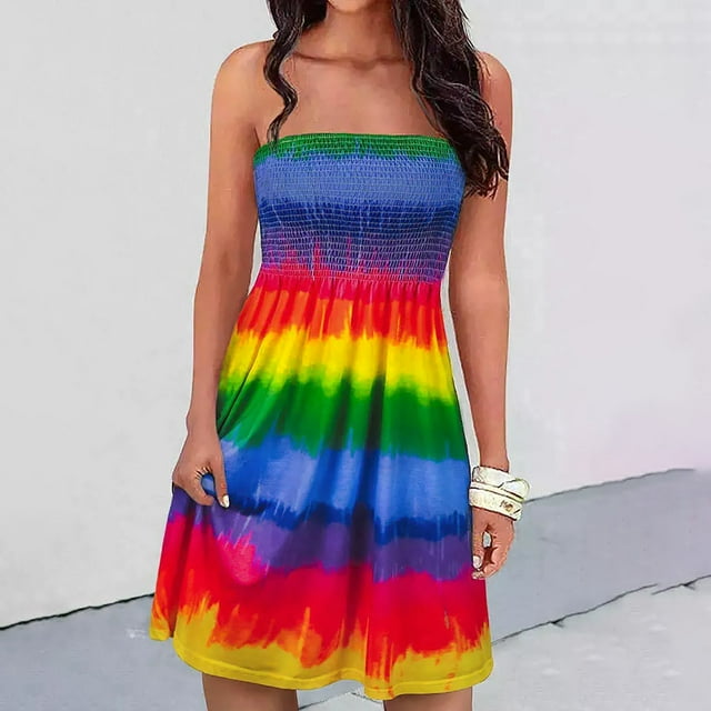 Usmixi Women Flowy Pleated Dress Summer Beach Boho Floral Print Strapless Sundress Sexy Tube Top