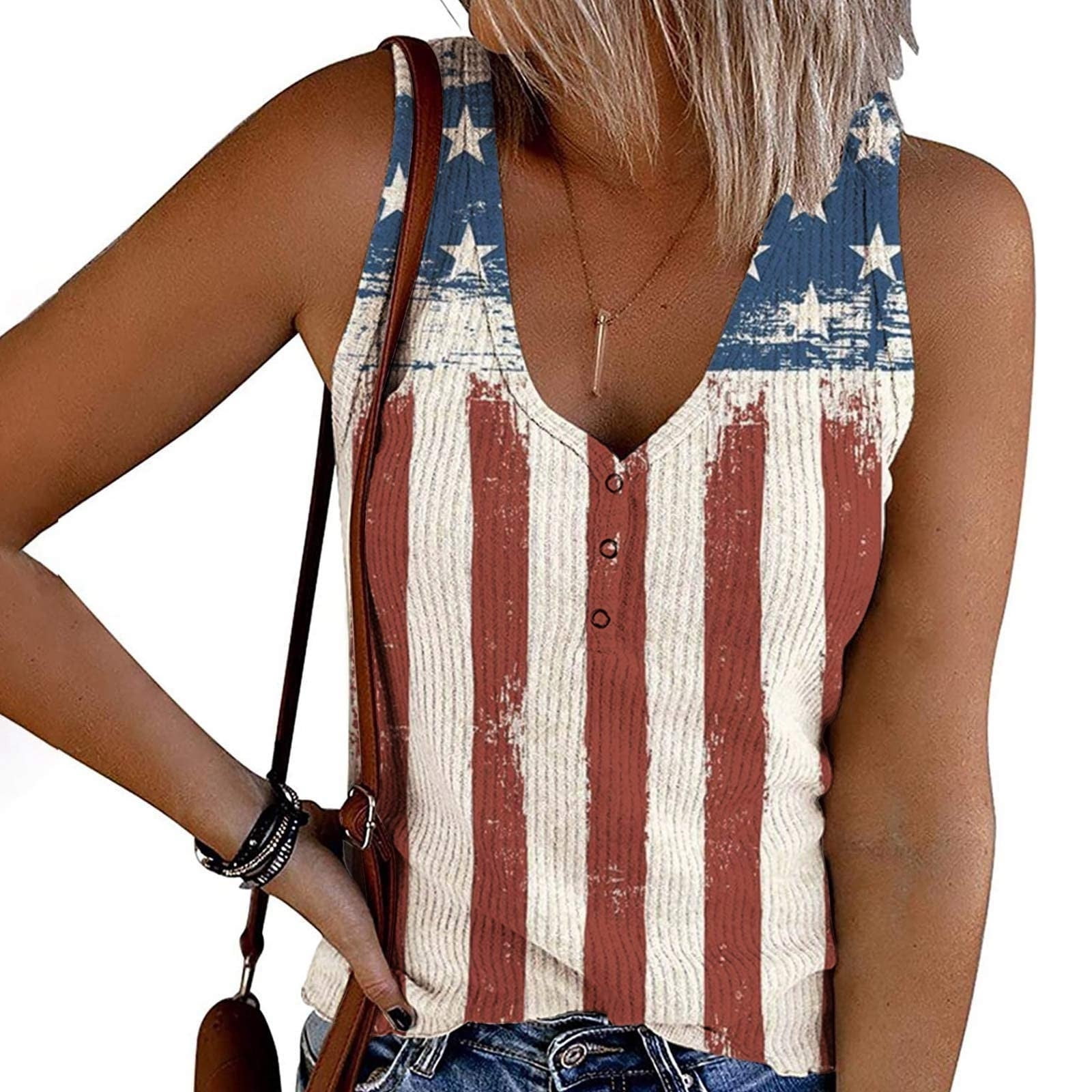 Usmixi Womens 4th of July Tank Tops Plus Size Knitted Ribbed ...