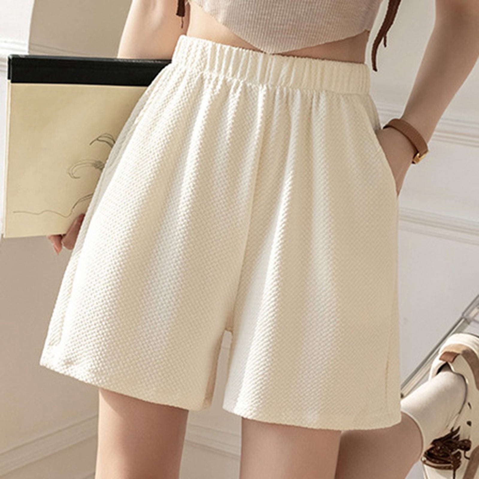 Usmixi Womens Elastic Waist Shorts Casual Solid Knitted Stretchy Cotton