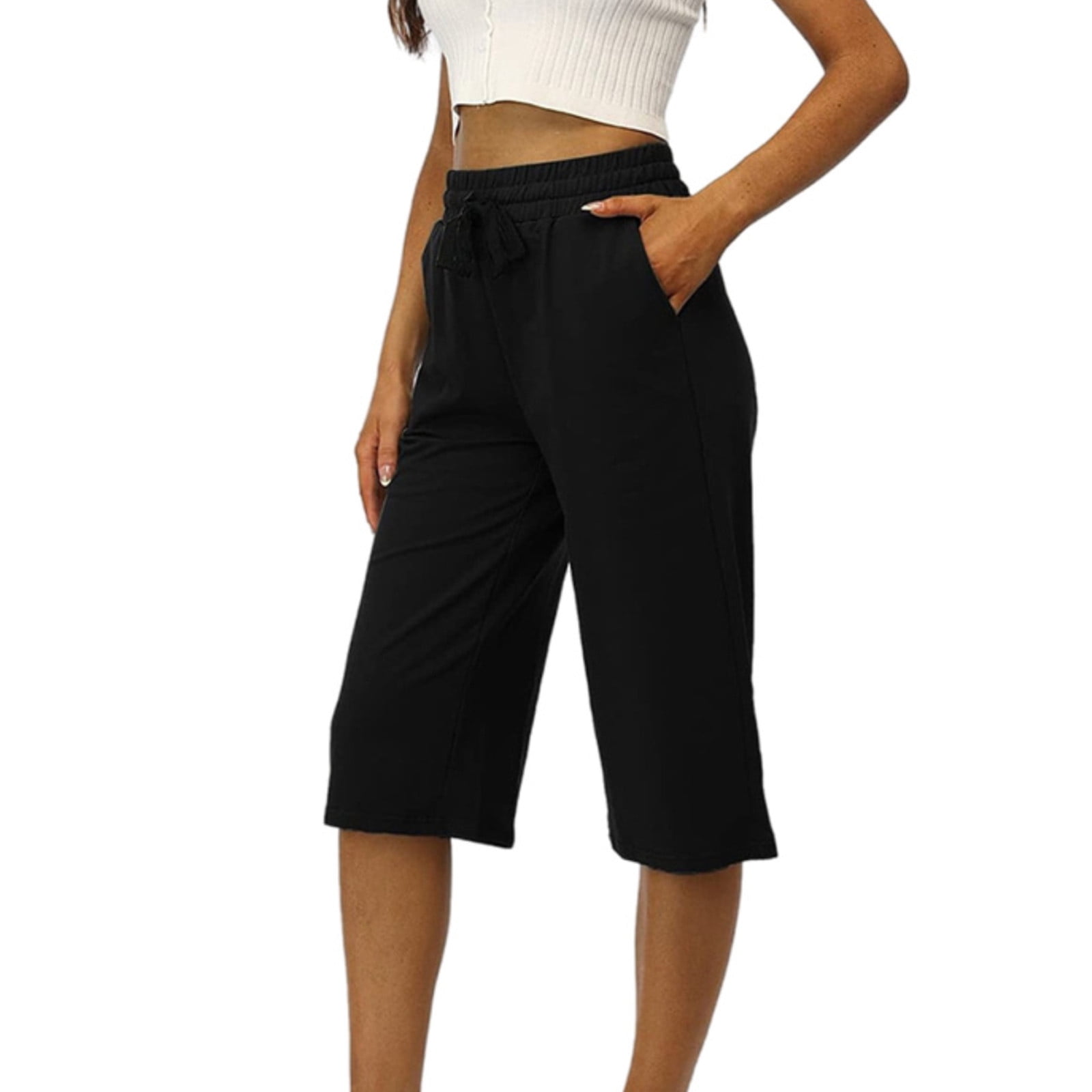 Usmixi Womens Plus Size Capris Pants Casual Solid Drawstring Elastic