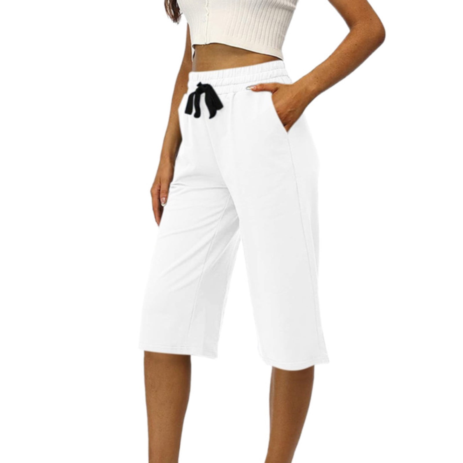 Usmixi Womens Plus Size Capris Pants Casual Solid Drawstring Elastic
