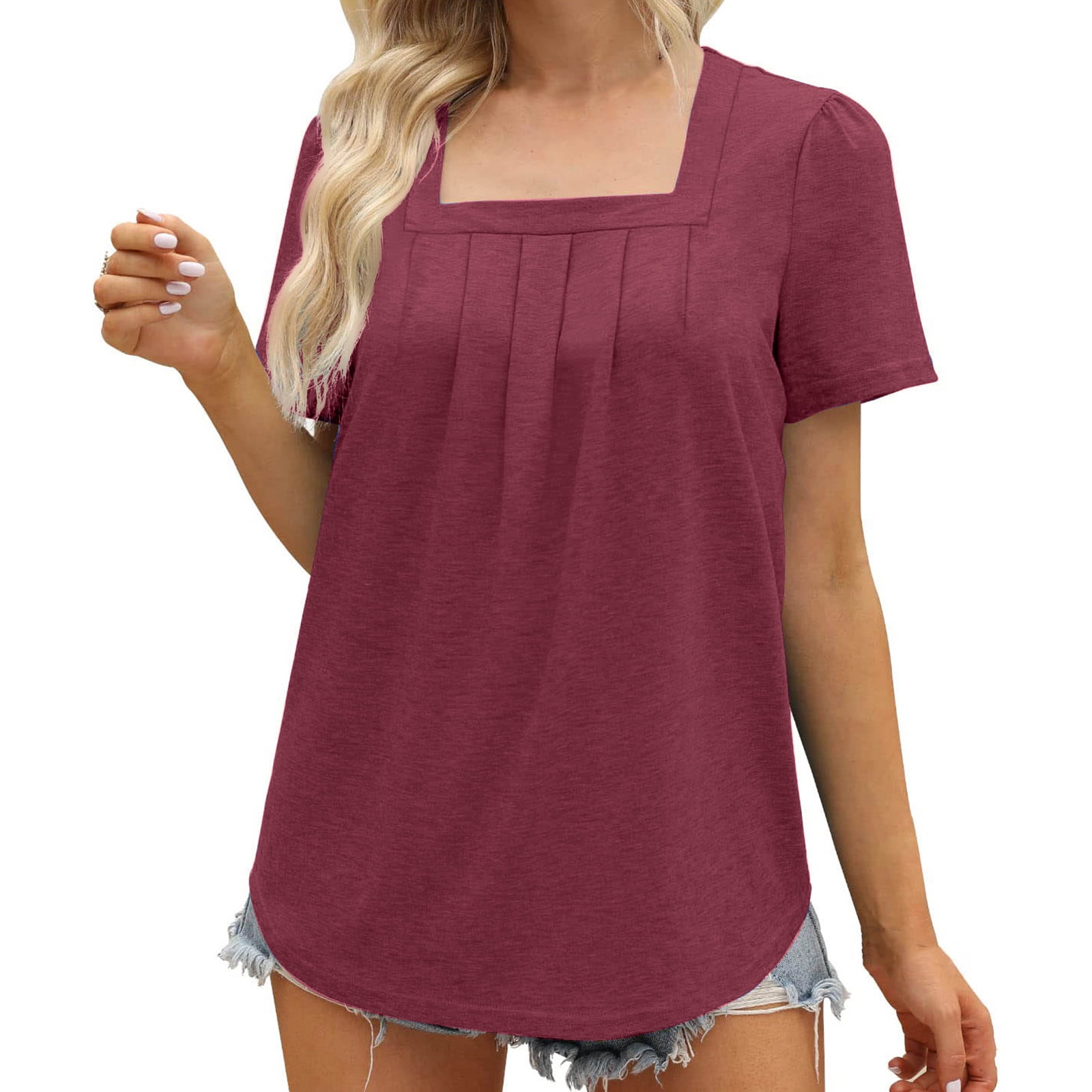 Usmixi Womens Shirts Casual Solid Pleated Swing Breathable Tunic Tops ...