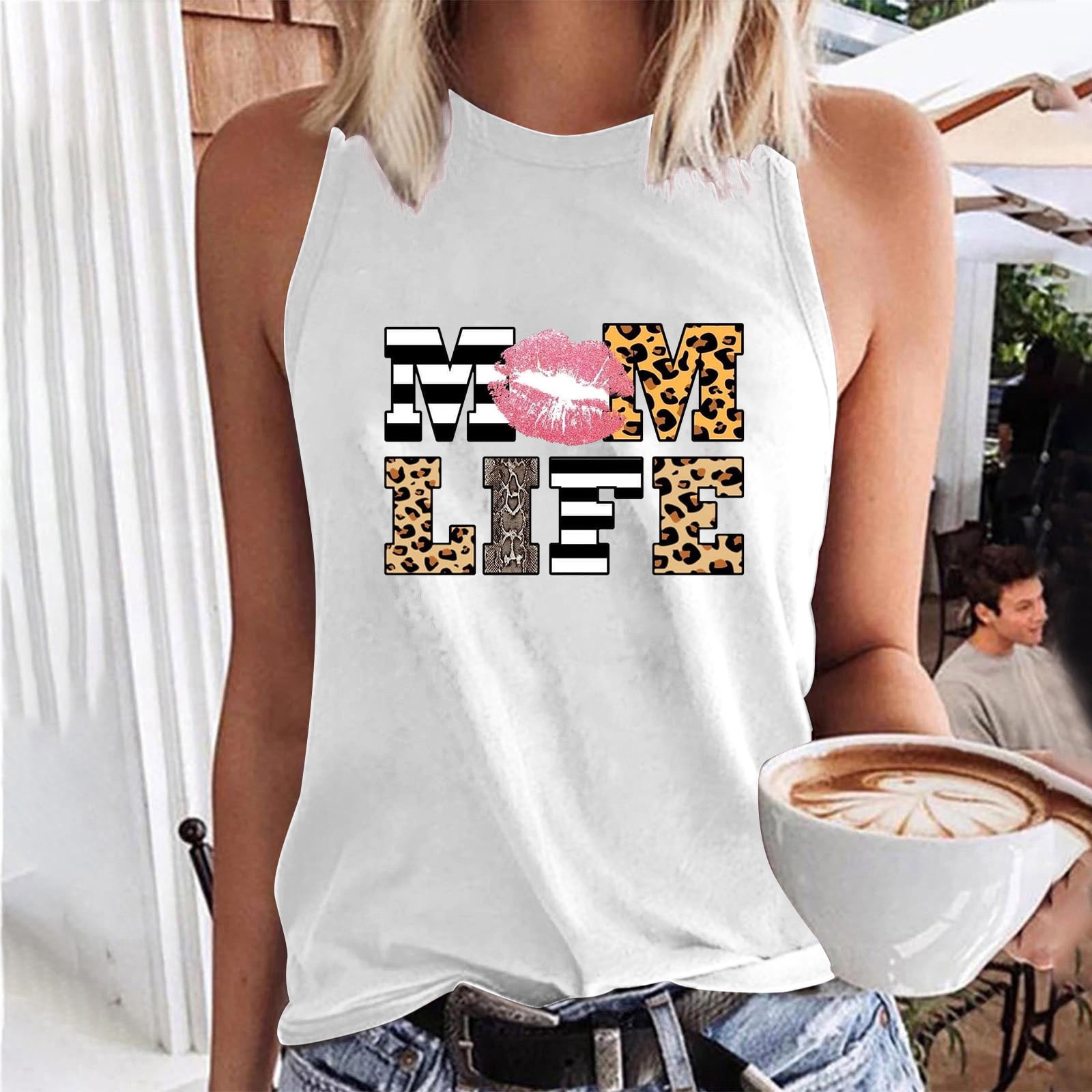 Usmixi Womens Shirts Sleeveless Round Neck Mom Life Letter Graphics