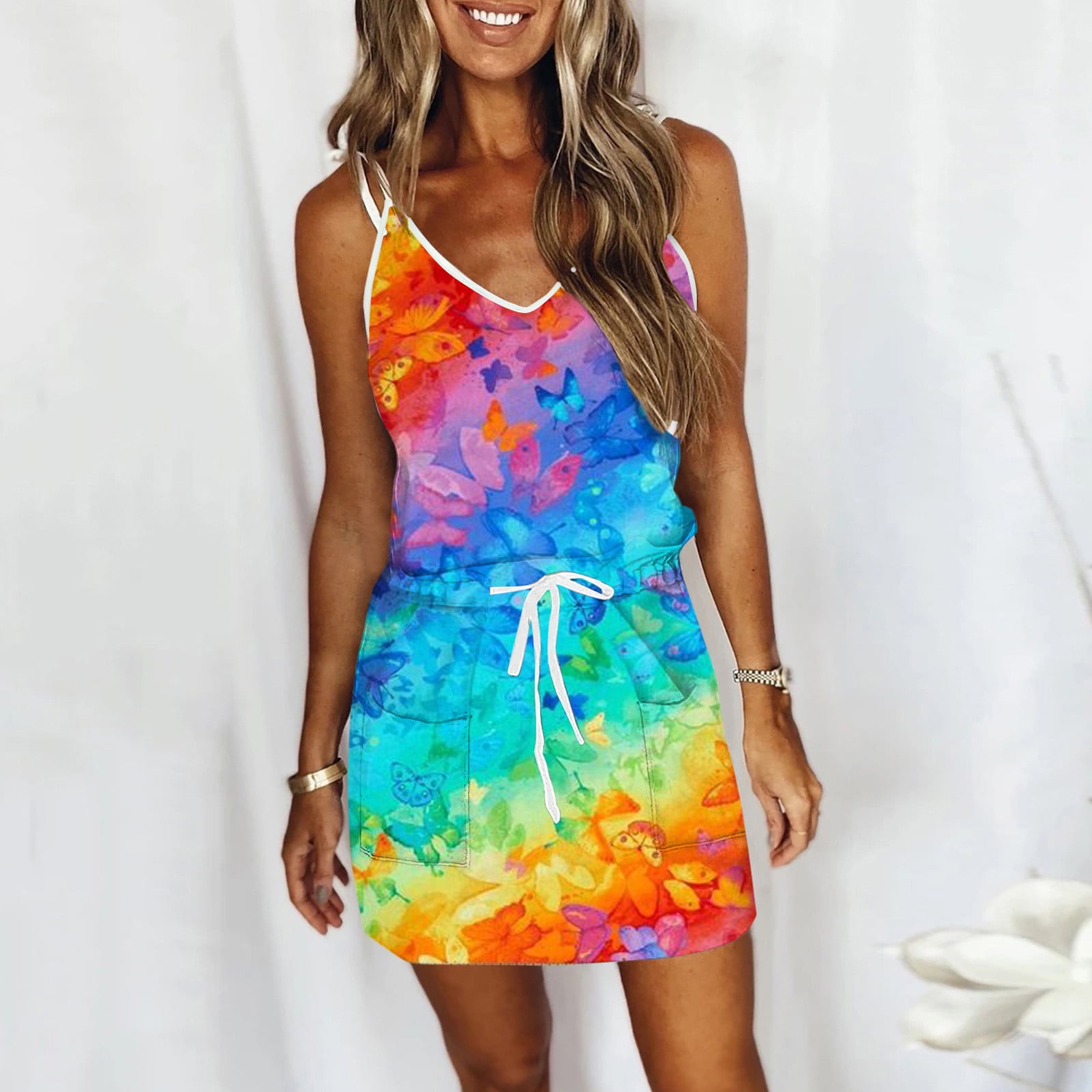 Usmixi Womens Summer Mini Sundress Vacation Floral Print Drawstring ...