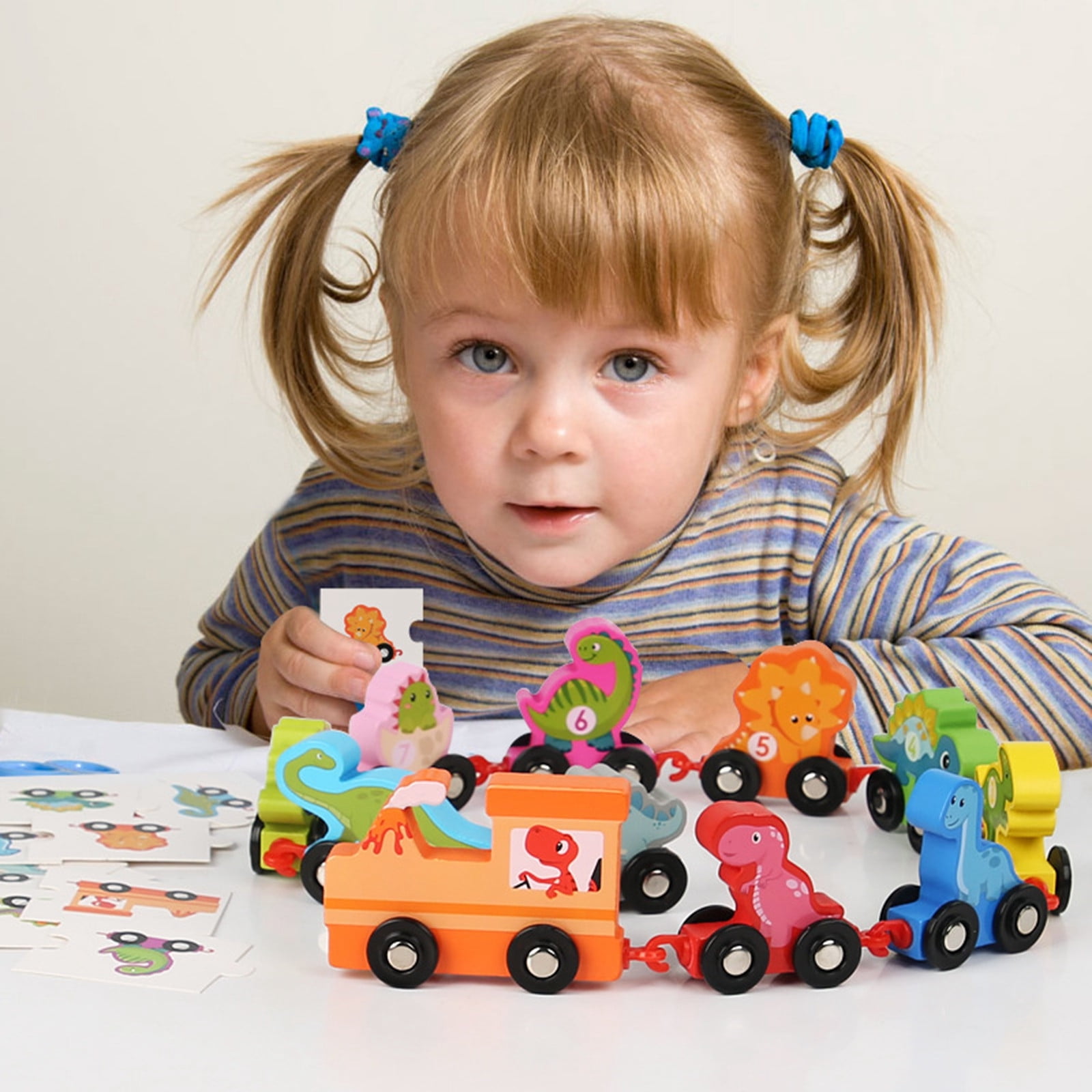 Usmixi Wooden Colorful Dinosaur Transportation Animals 11Pcs Train Toys Matching Sequencing ...