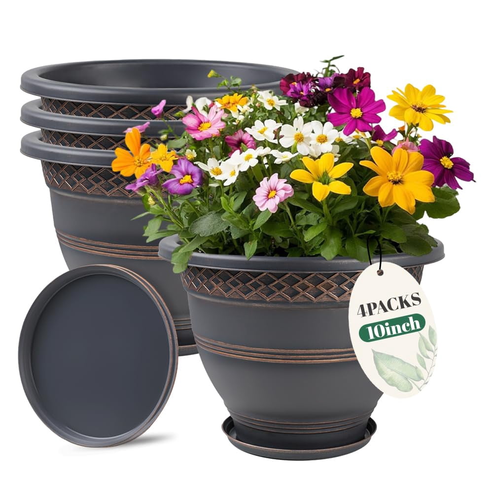 Usocik 10 Inch 4 Pack Large Plant Pots, Plastic Flower Pot for Indoor ...