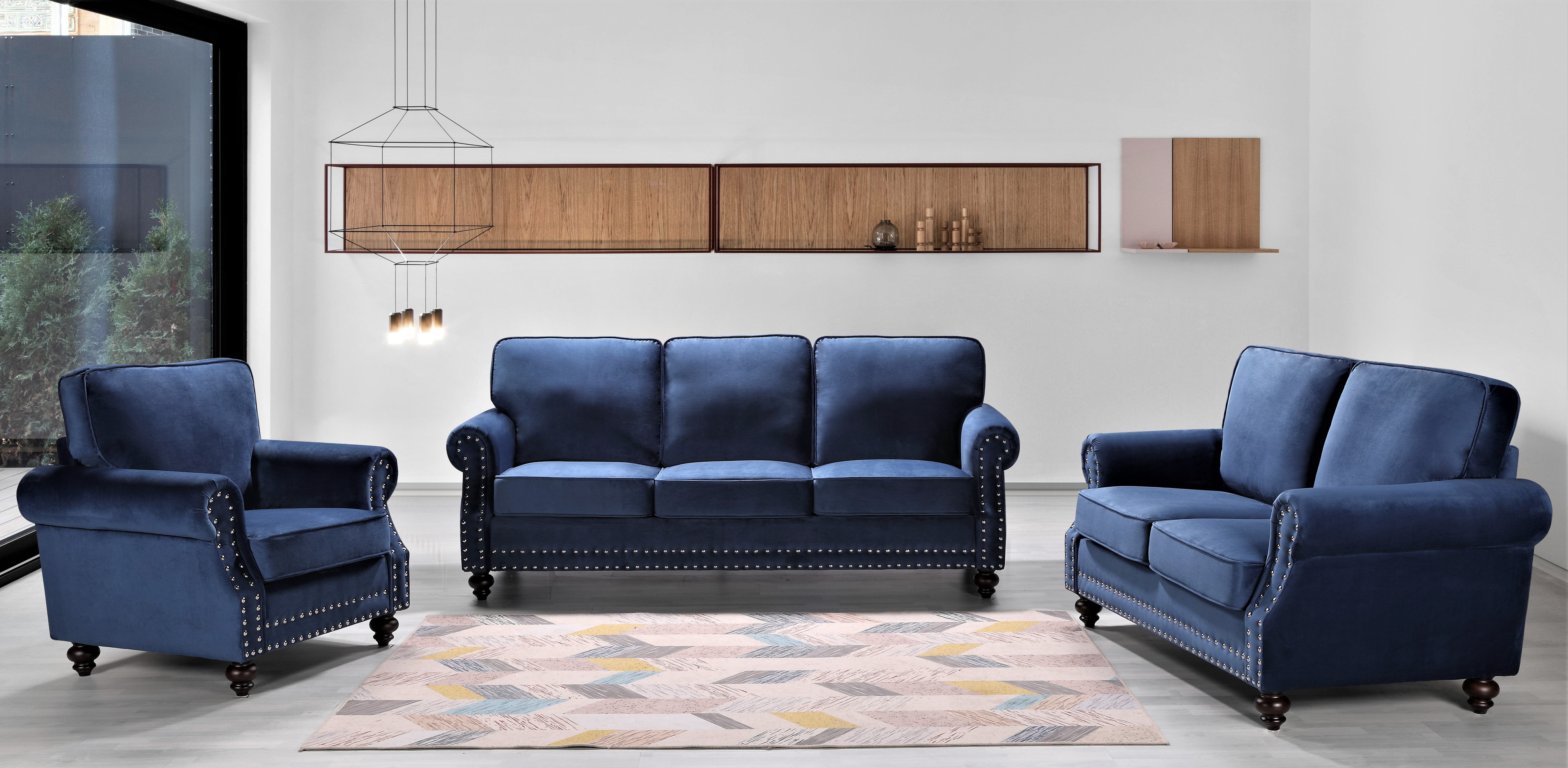 Uspridefurniture 3Pcs Velvet Living Room Set - Blue Velvet Seating ...