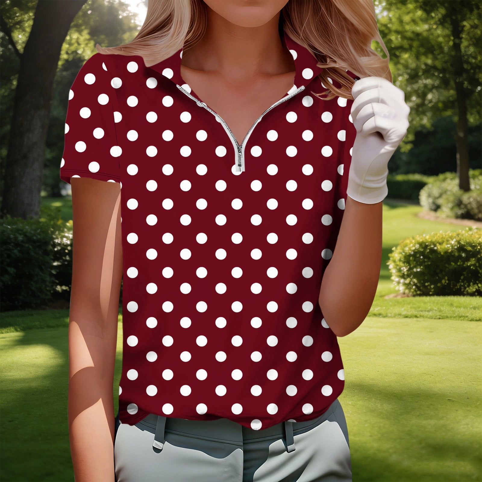 Ussuma Collared Short Sleeve Dots Print Print Blouses for Women Loose ...