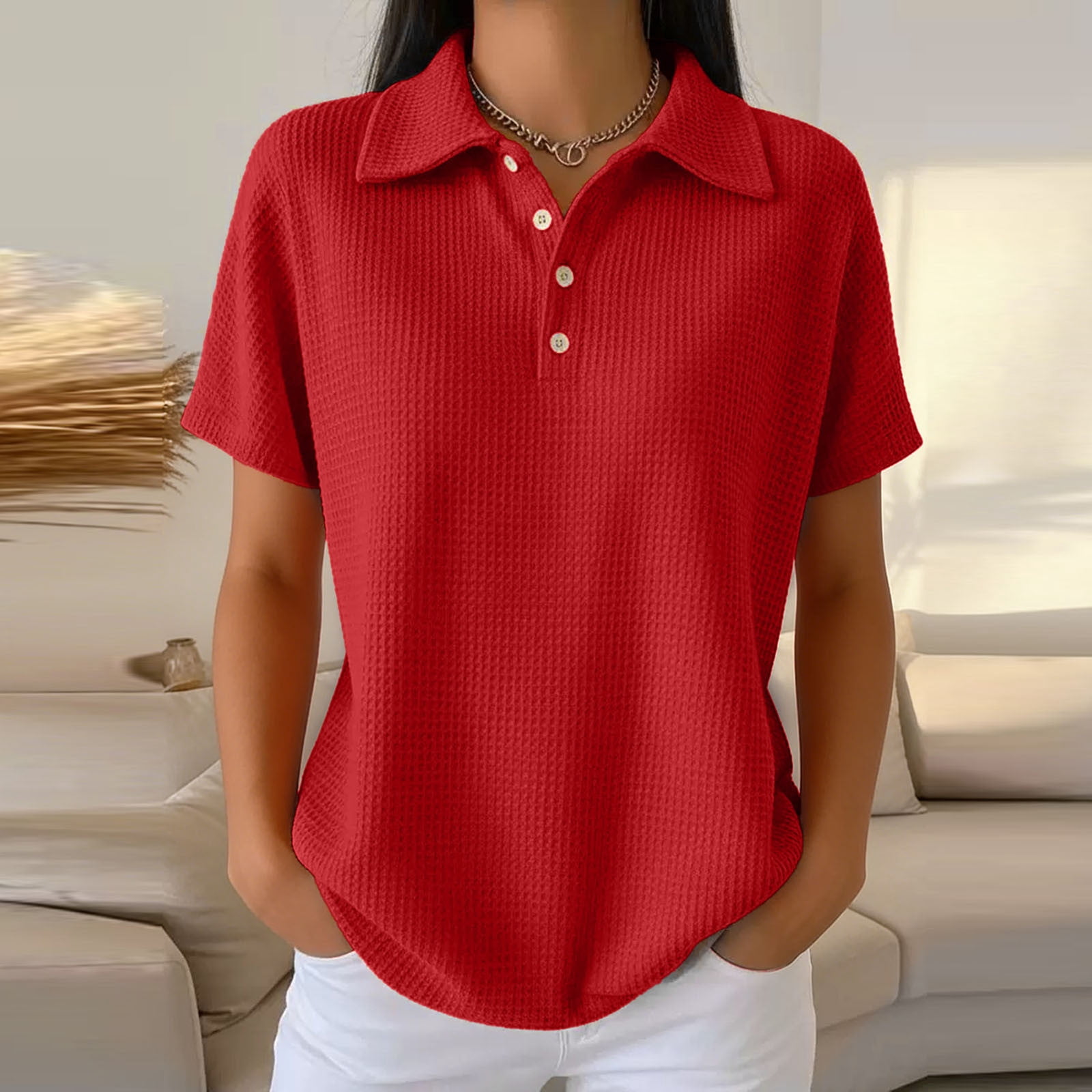 Ussuma Collared Short Sleeves Pullover Knit Blouse with Button Solid ...