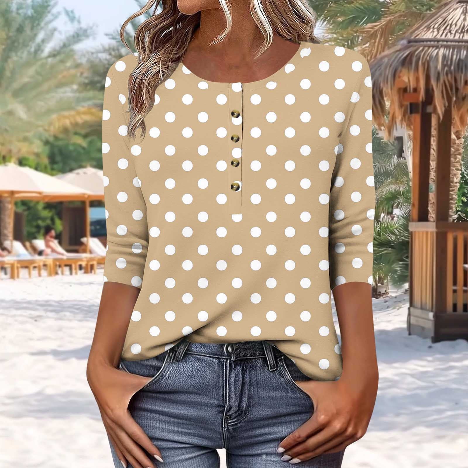 Ussuma Dots Print 3/4 Sleeve Crew Neck Print Blouses for Women Casual ...