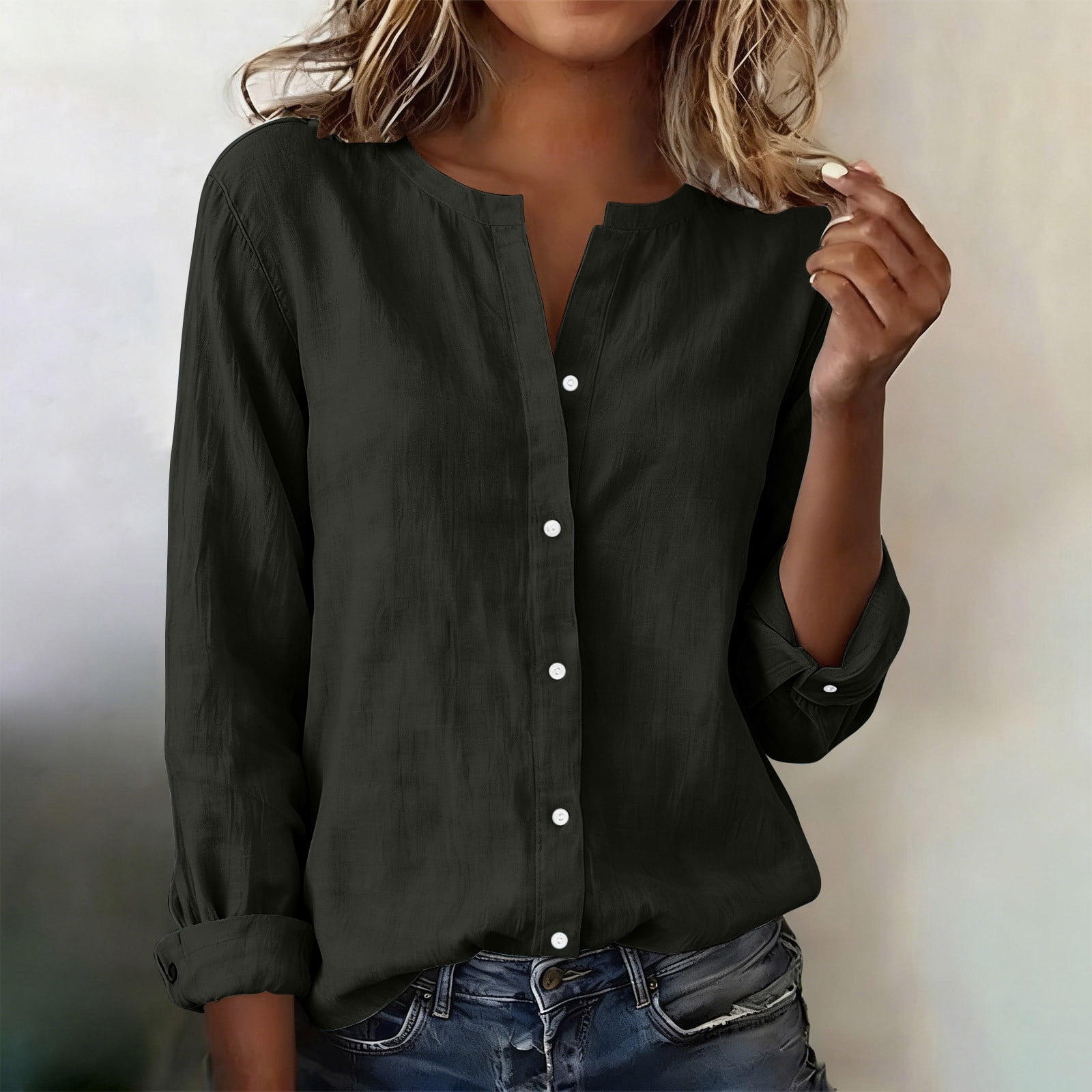 Ussuma V-Neck with Button Long Sleeve Women's Blouses Solid Color ...