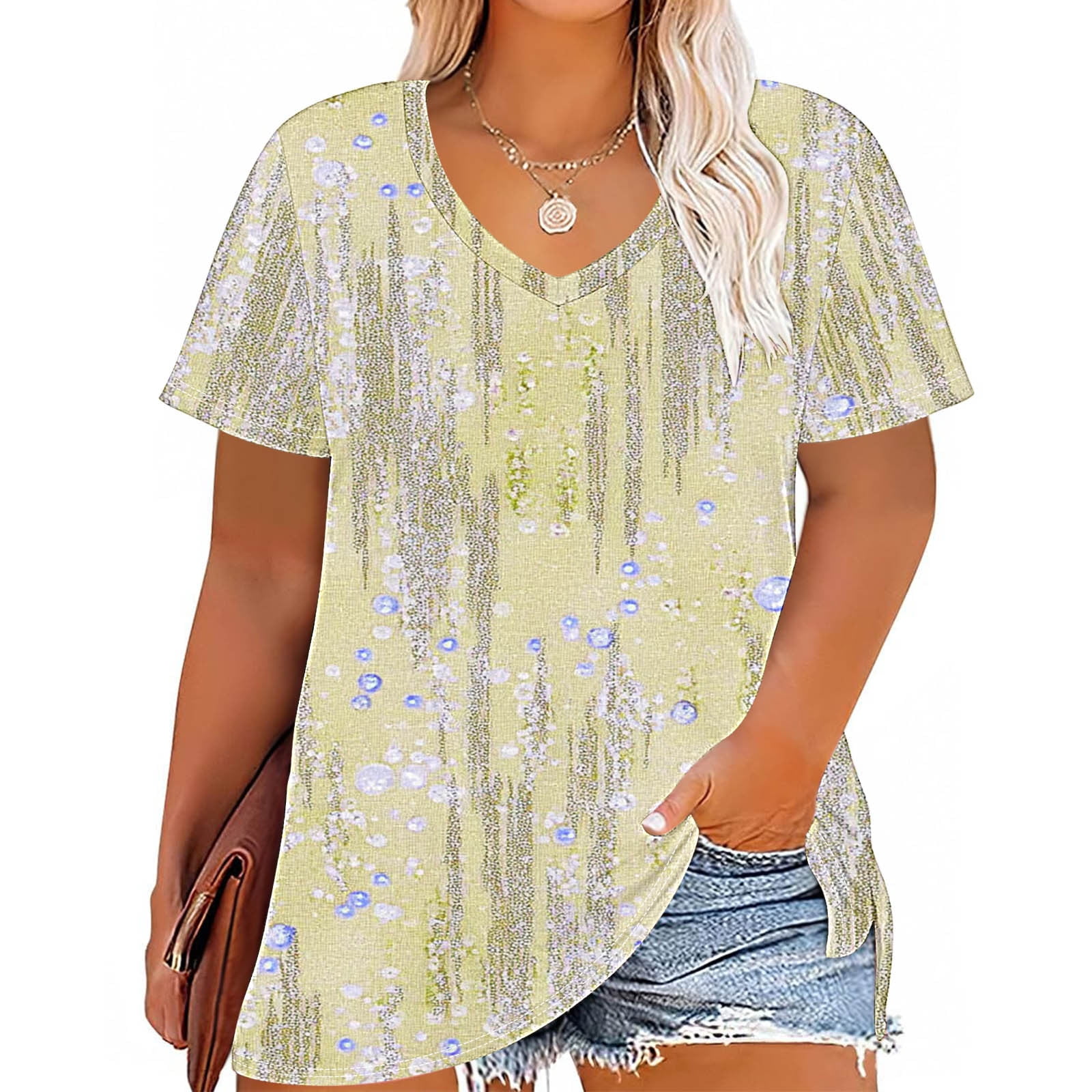 Ussuma V-Neck Short Sleeve Print Blouses for Women Stylish Vintage ...