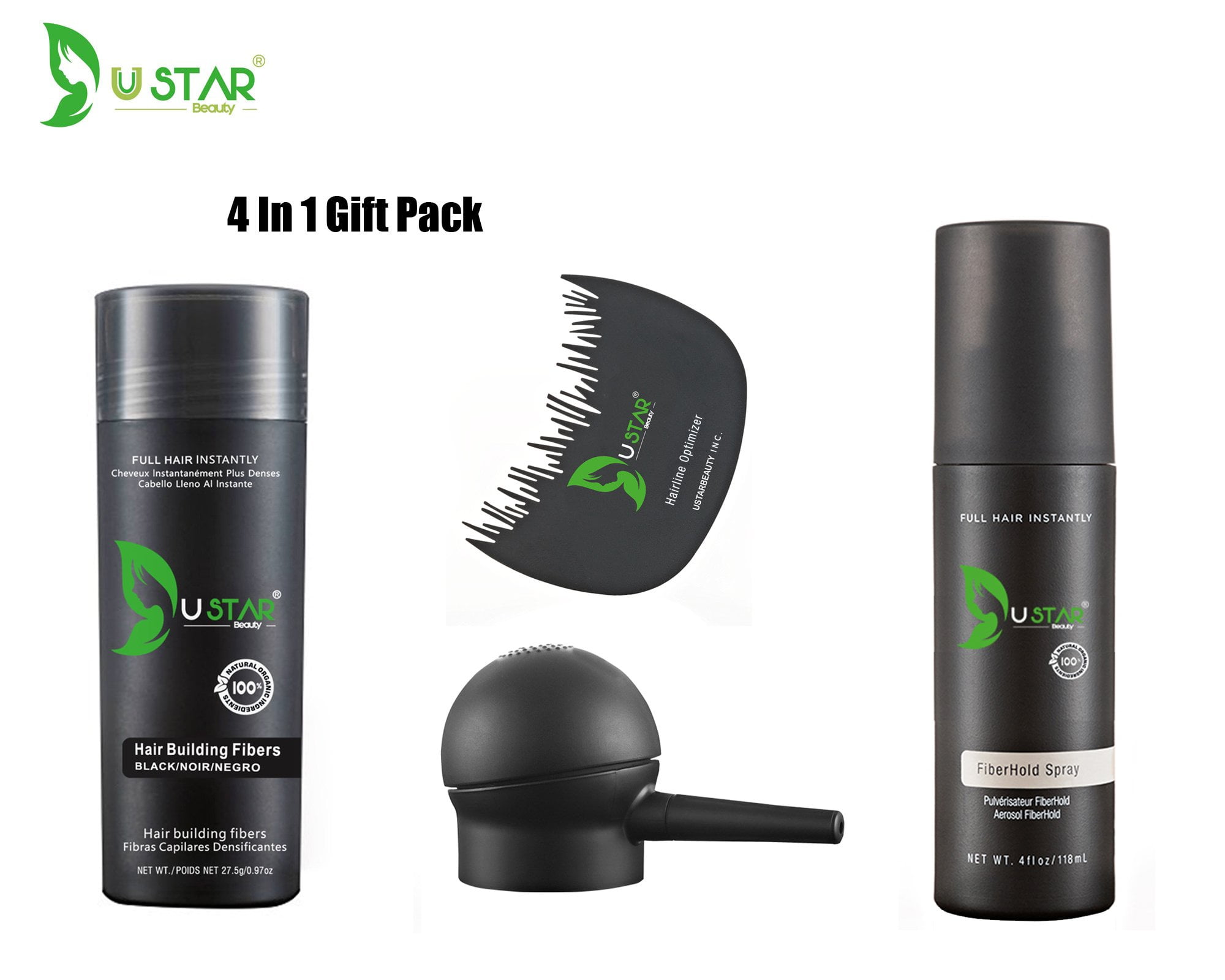 Ustar 4 In 1 Gift Pack, Comb, Applicator, Fiber Hold Spray, Med Brown ...