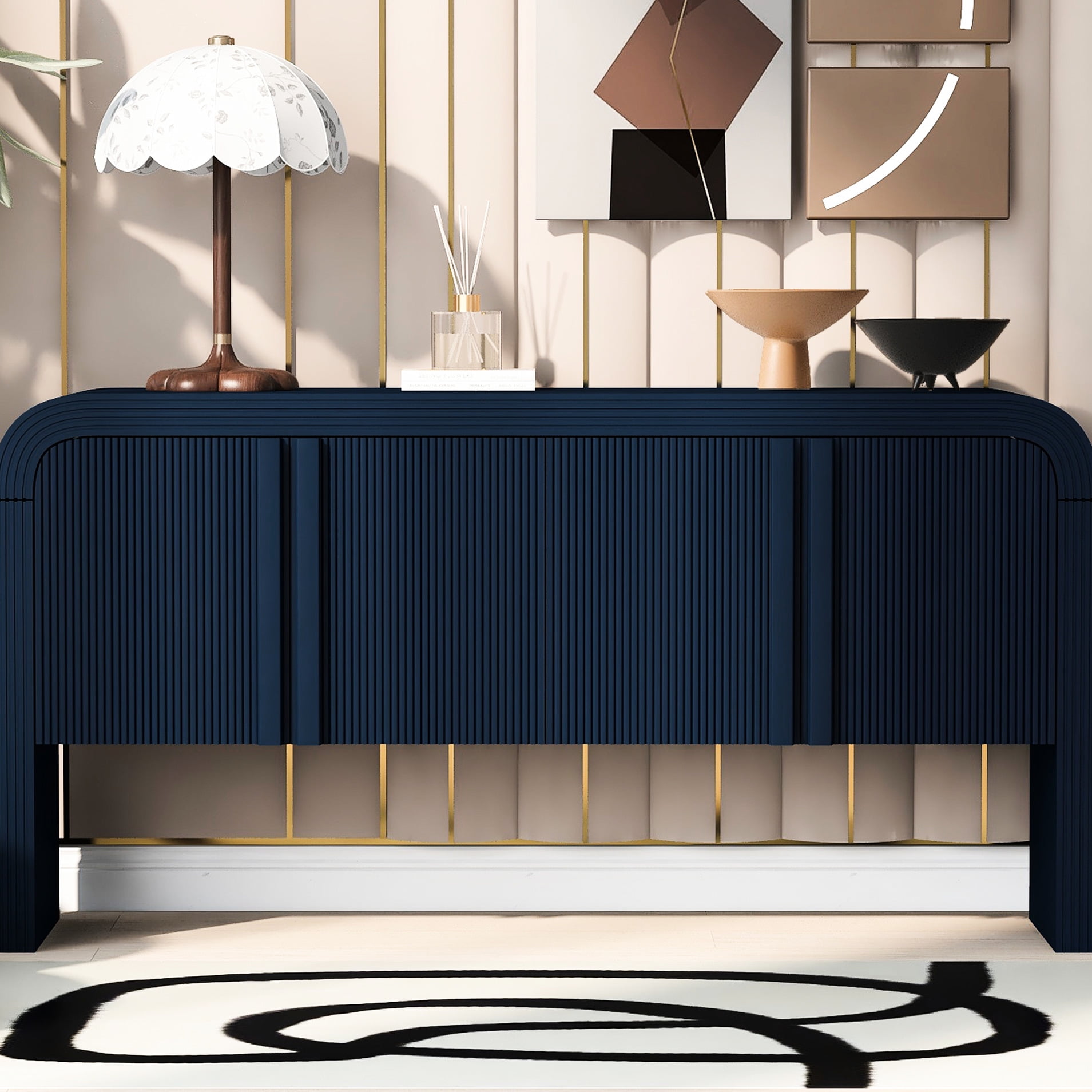 Ustyle 4-door Striped Cabinet, Adjustable For Entrance Bar, Navy Blue ...