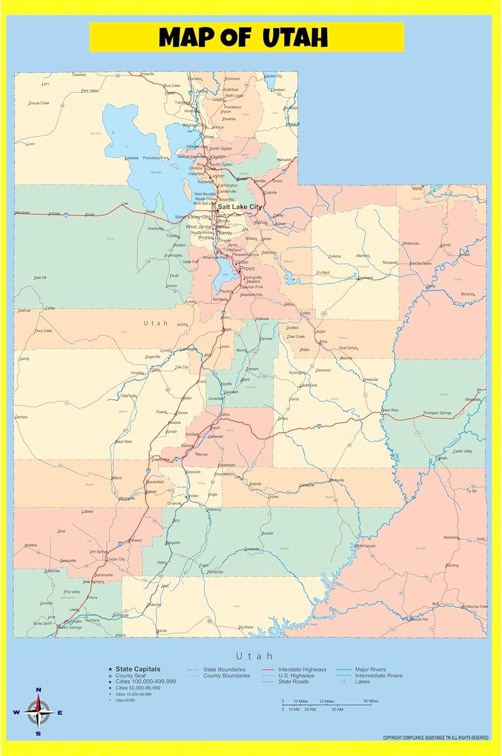 Utah Map Poster - Laminated Wall Map - Style A - 36x60 - Ideal for ...