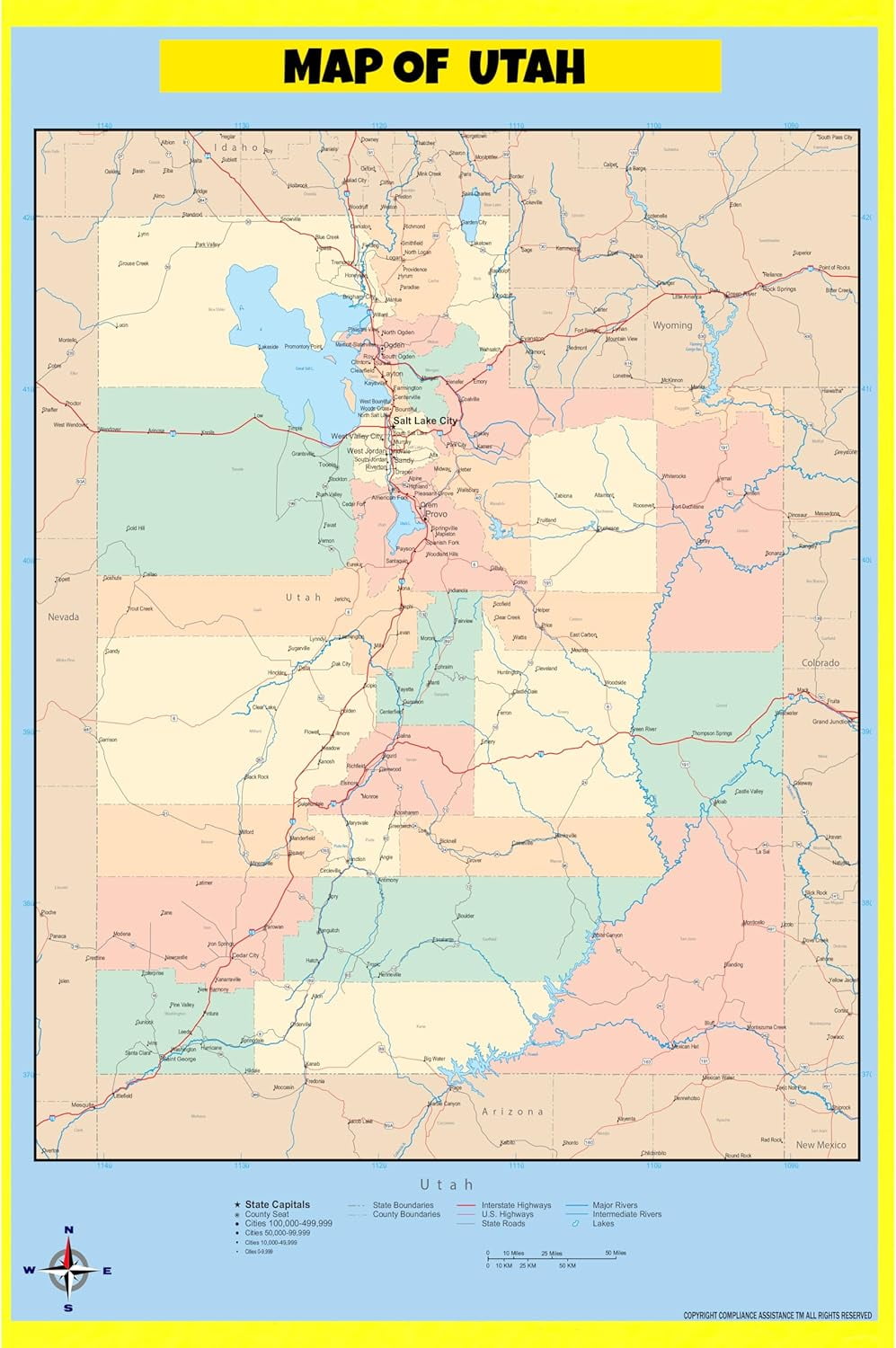 Utah Map Poster - Laminated Wall Map - Style C - 36x60 - Ideal for Classrooms and Homes ...