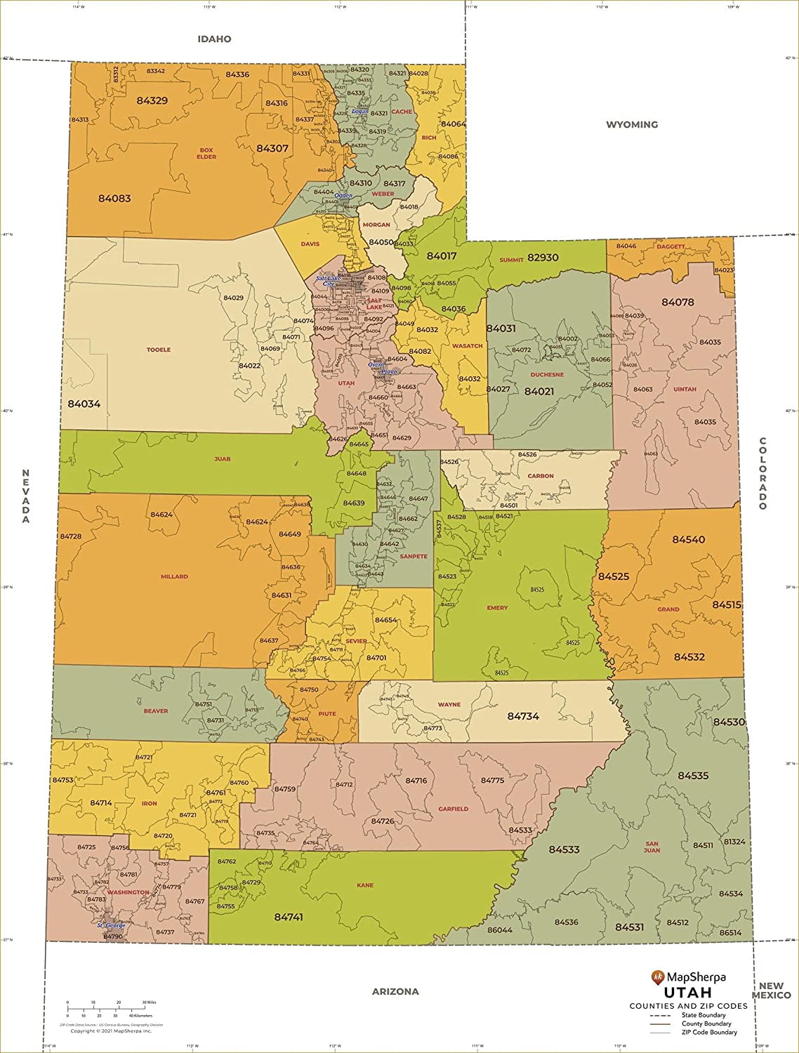 Utah ZIP Code Map with Counties - Standard - 36" x 47.5" Laminated ...