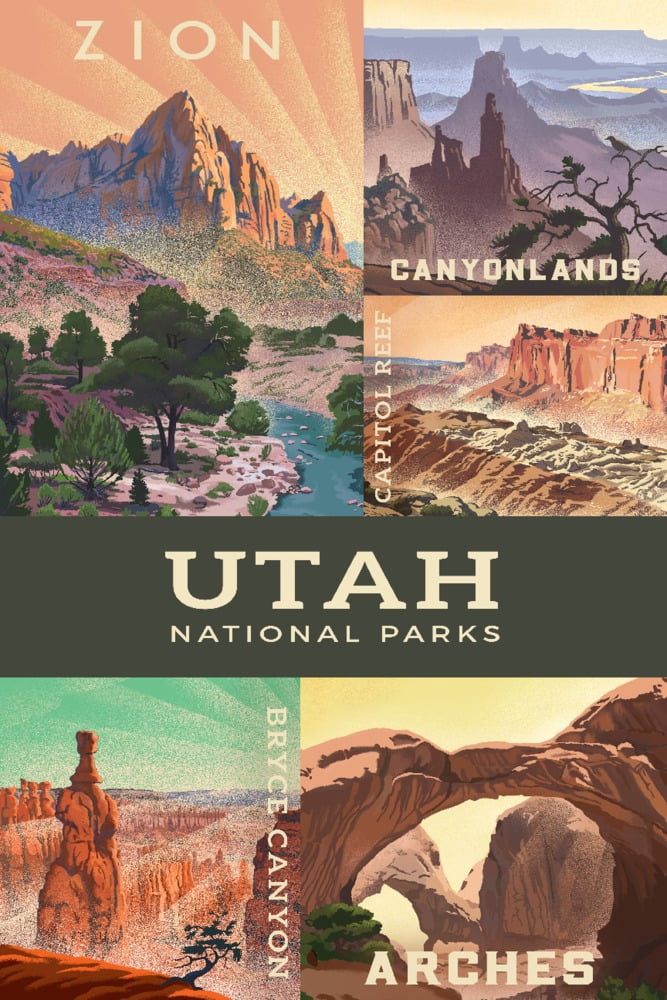 Utah's National Parks Collage, Lithograph National Park Series (16x24 ...