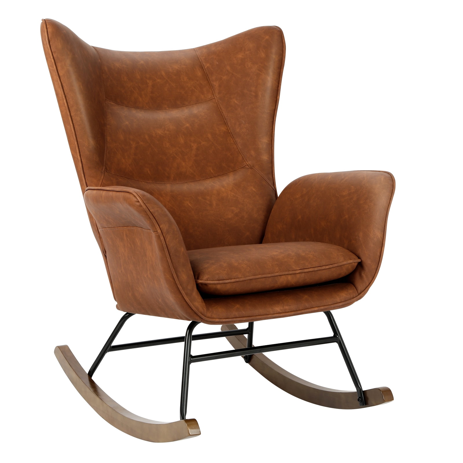 Uteam Brown PU Leather Rocker Chair with Wooden Base High Back Armrests ...