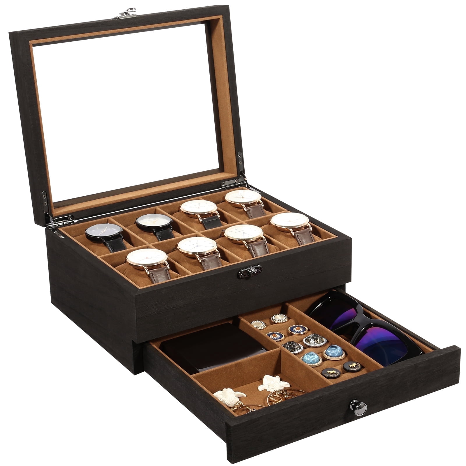 Uten 8-Slot Wooden Watch Box with Drawer & Glass Top, Luxury Display ...