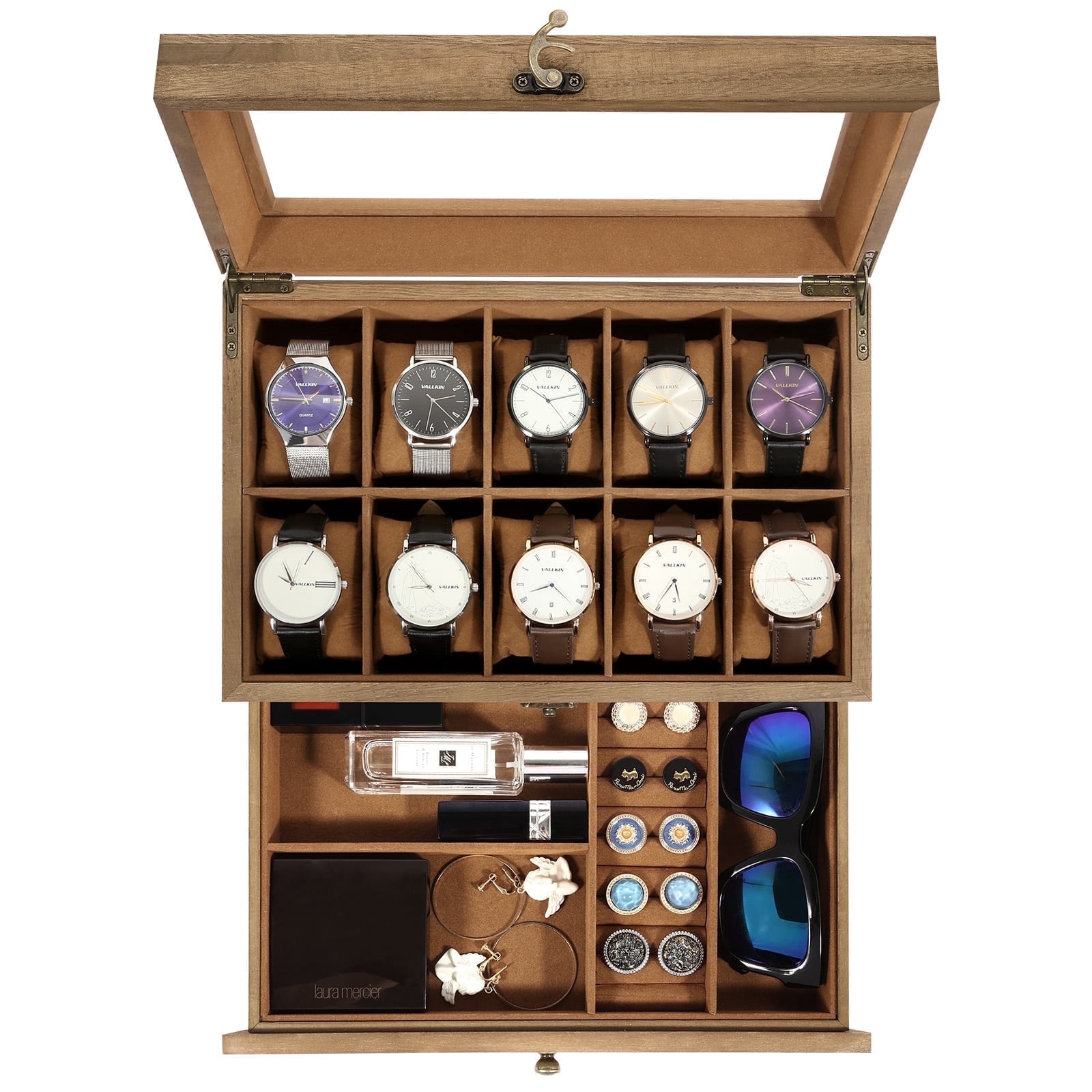 Uten 10-Slot Wooden Watch Box with Glass Top, 2-Layer Display Case ...