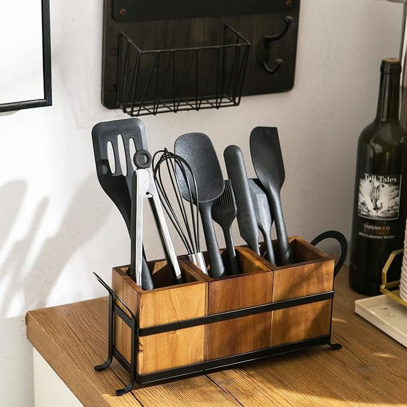 Utensil Caddy Silverware Cutlery Holder with 3 Compartment, Wooden ...