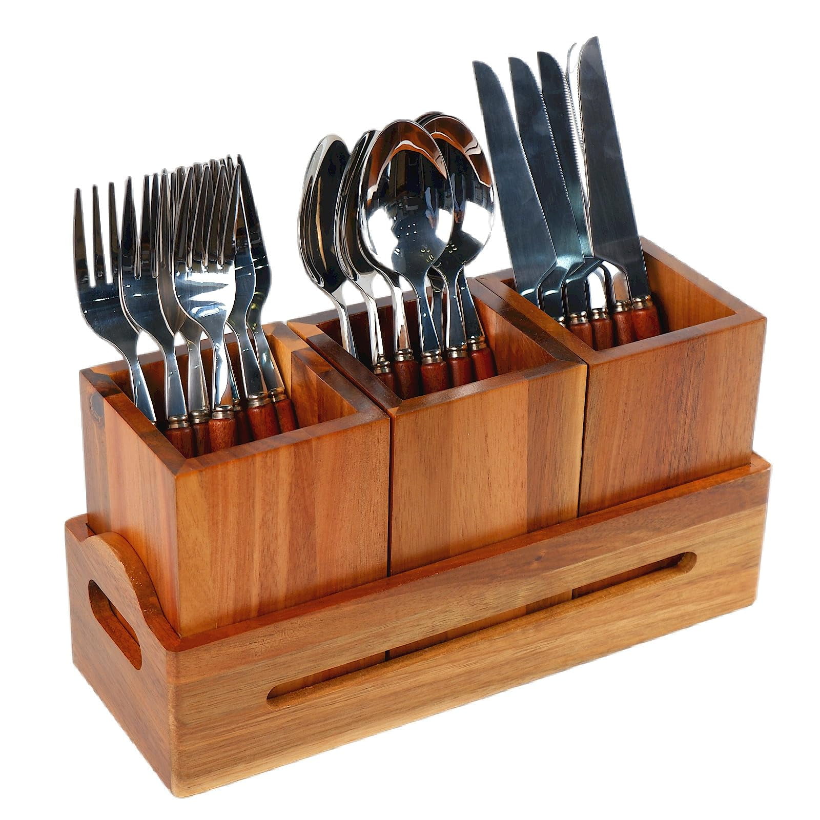 Utensil Caddy Silverware Cutlery Holder with 3 Compartment, Wooden ...