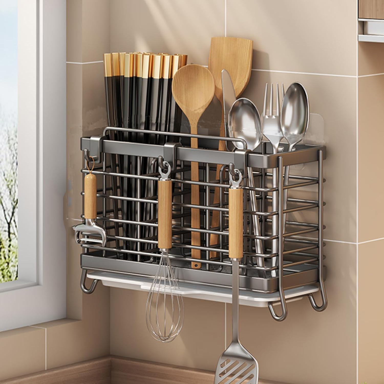 Utensil Holder,Dish Drainer for Kitchen Counter, 3 Compartments ...