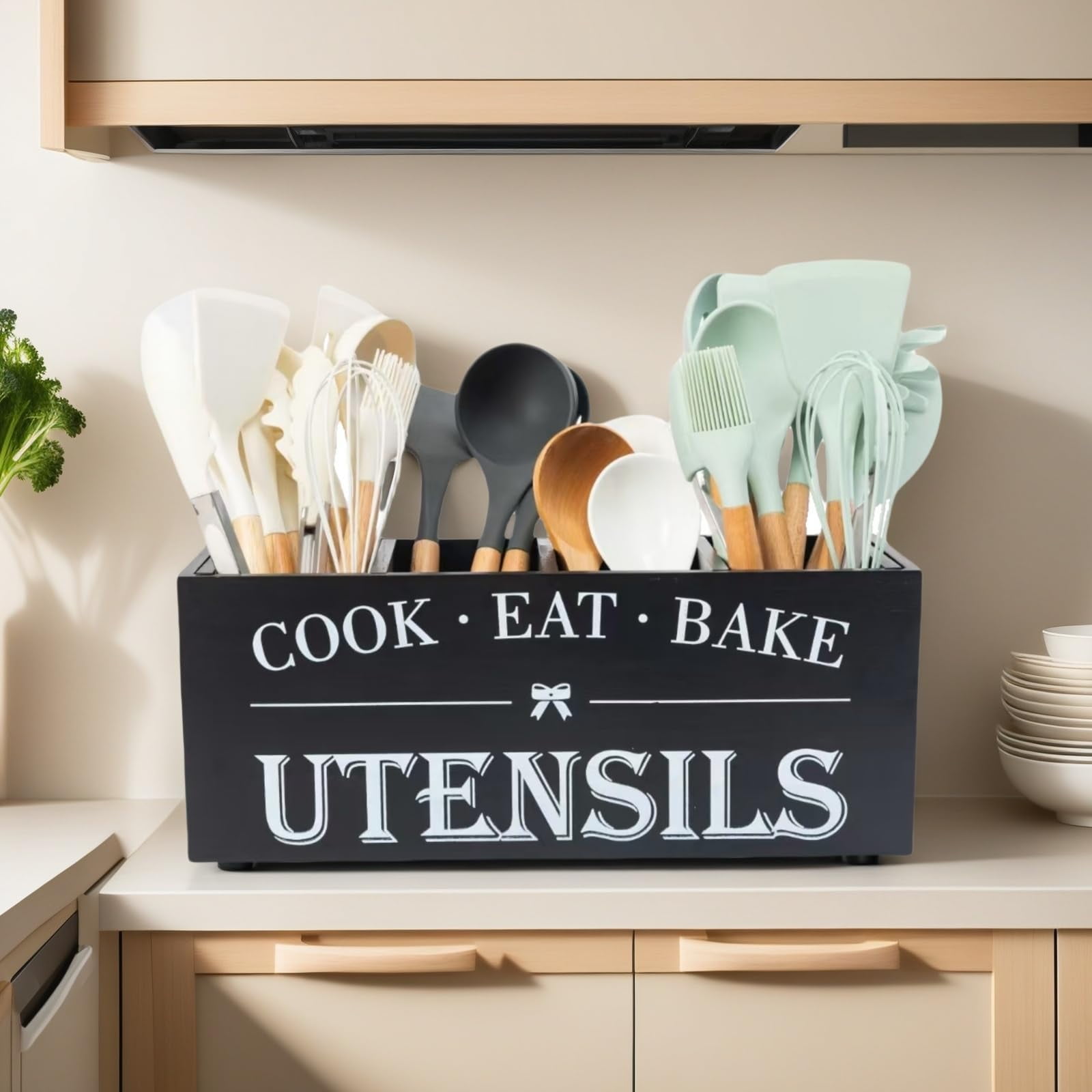 Utensil Holder,Extra Large Wooden Utensil Holder For Kitchen Counter ...