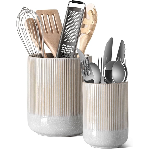 Utensil Holder for Kitchen Counter, 7.3"+5.4" Fluted Ceramic Utensil ...