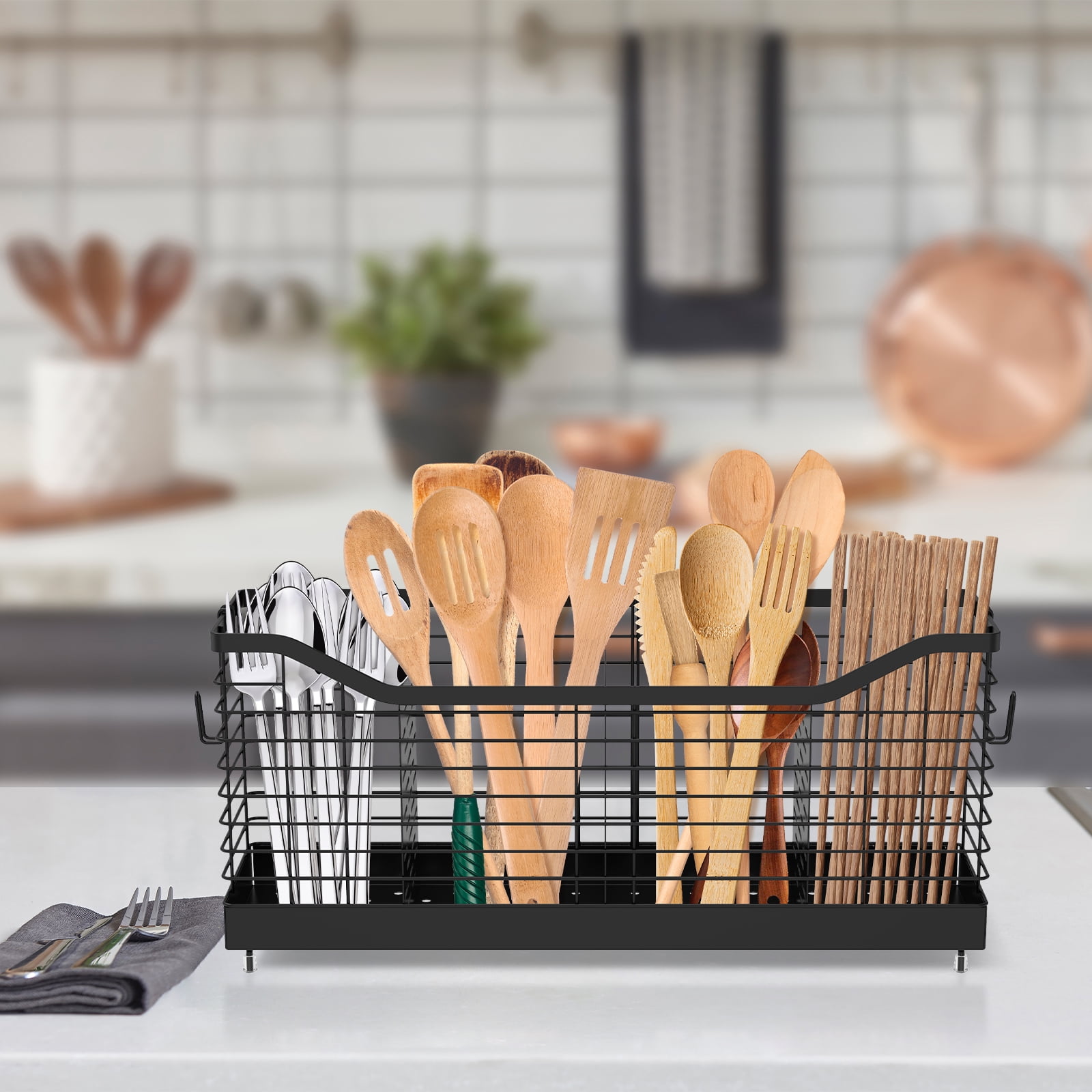 Utensil Holder for Kitchen Counter with 4 Compartments and Bottom ...